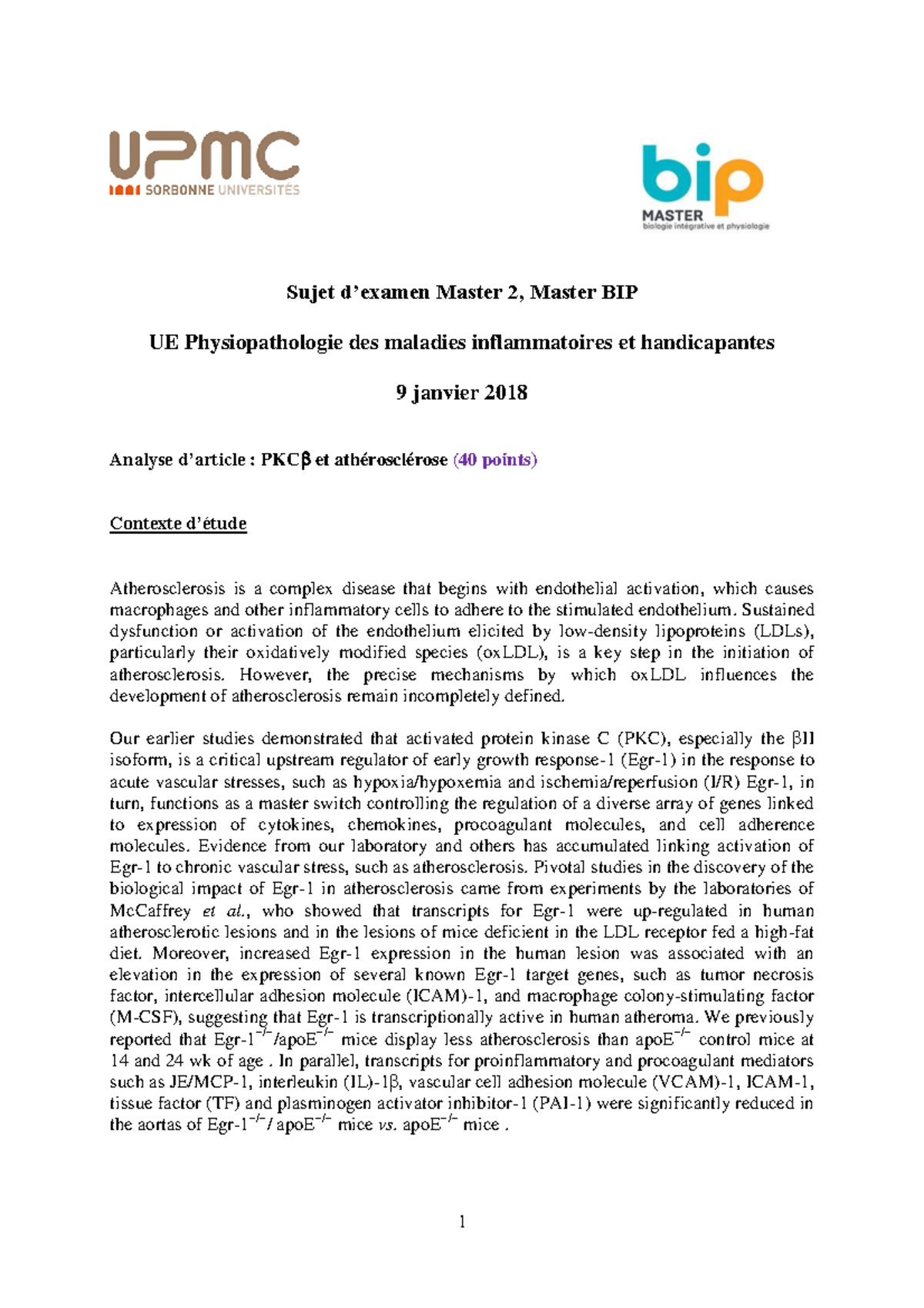 Examen Janvier 2018, questions - Sujet d’examen Master 2, Master BIP UE ...