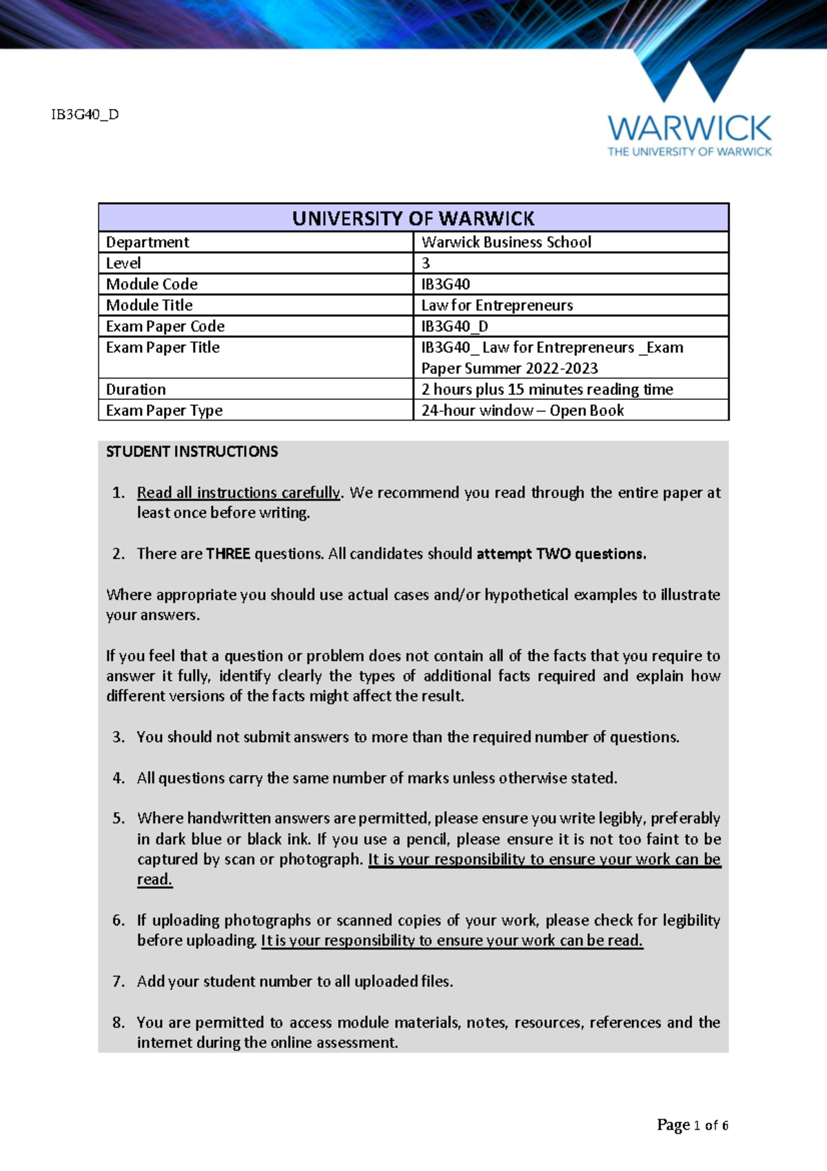 2023 summer exam - UNIVERSITY OF WARWICK Department Warwick Business School Level 3 Module Code ...