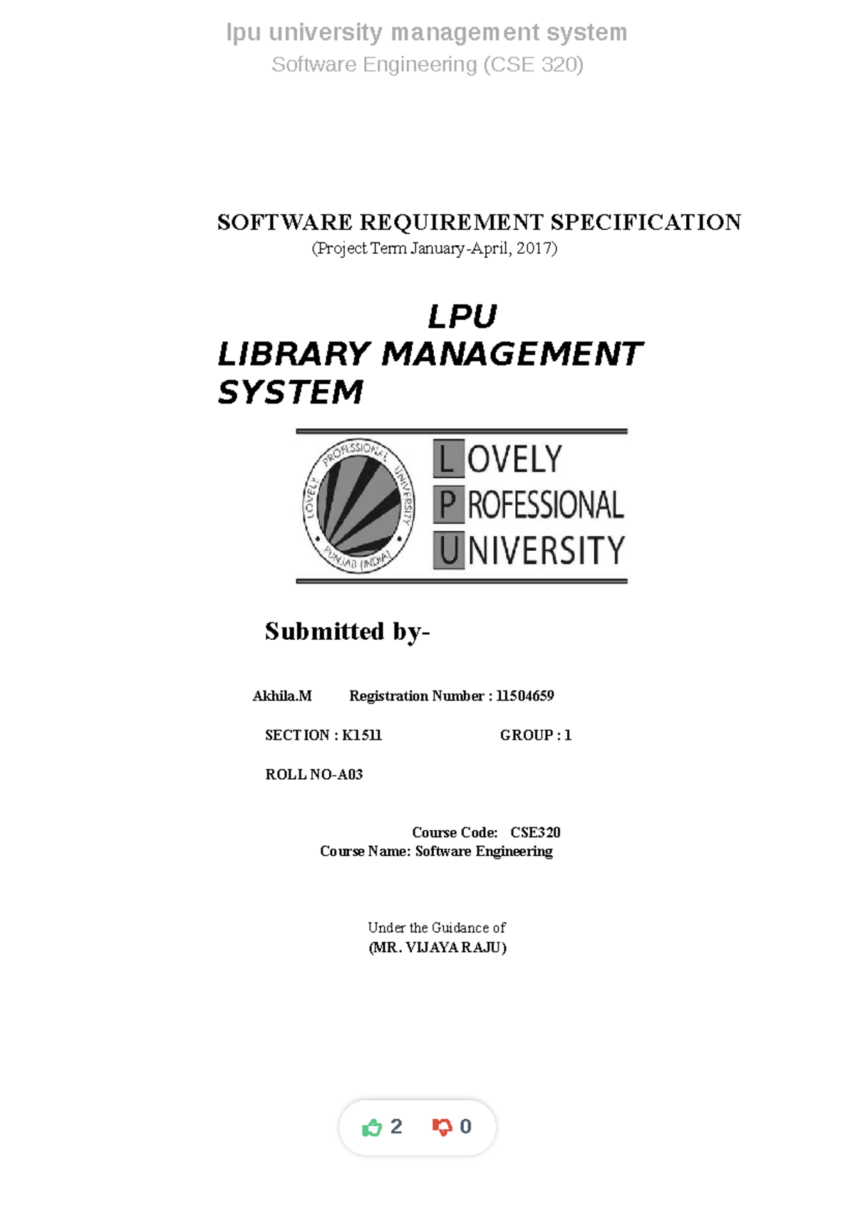 Dlstudocu - tgtyhv - lpu university management system Software Engineering (CSE 320) SOFTWARE ...