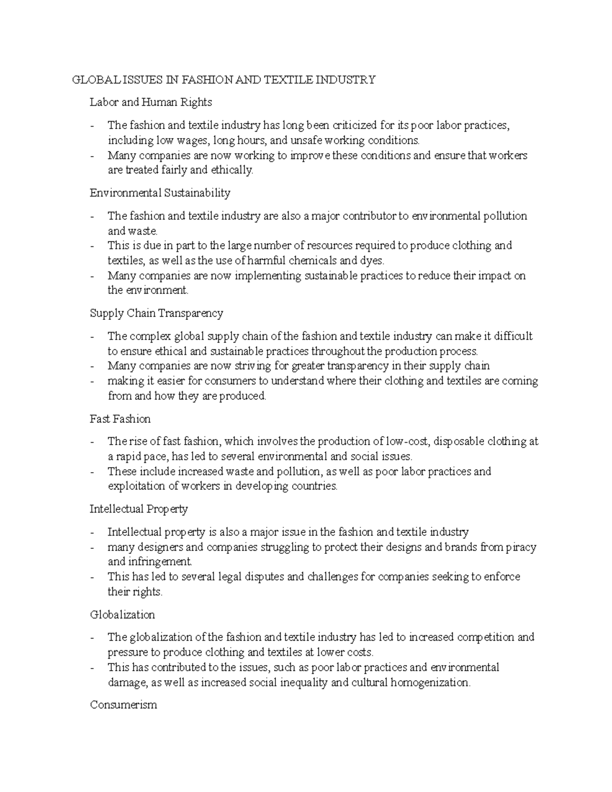 Global Issues IN Fashion AND Textile Industry Notes 1 - GLOBAL ISSUES ...