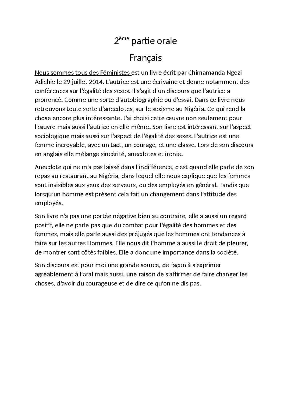 Nous sommes tous des feministes - 2 ème partie orale Français Nous ...