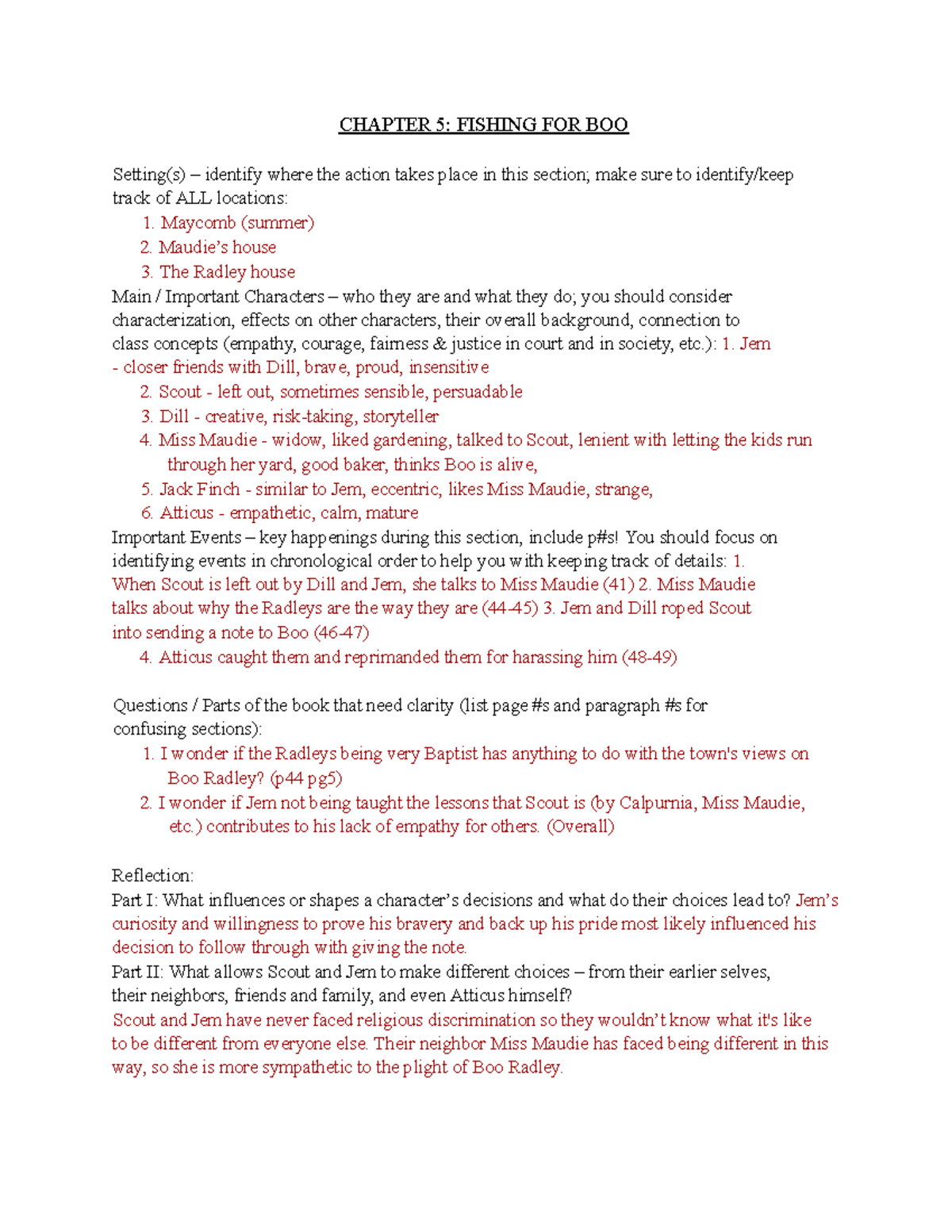 TKAM - Chapter 5 - CHAPTER 5: FISHING FOR BOO Setting(s) – identify ...