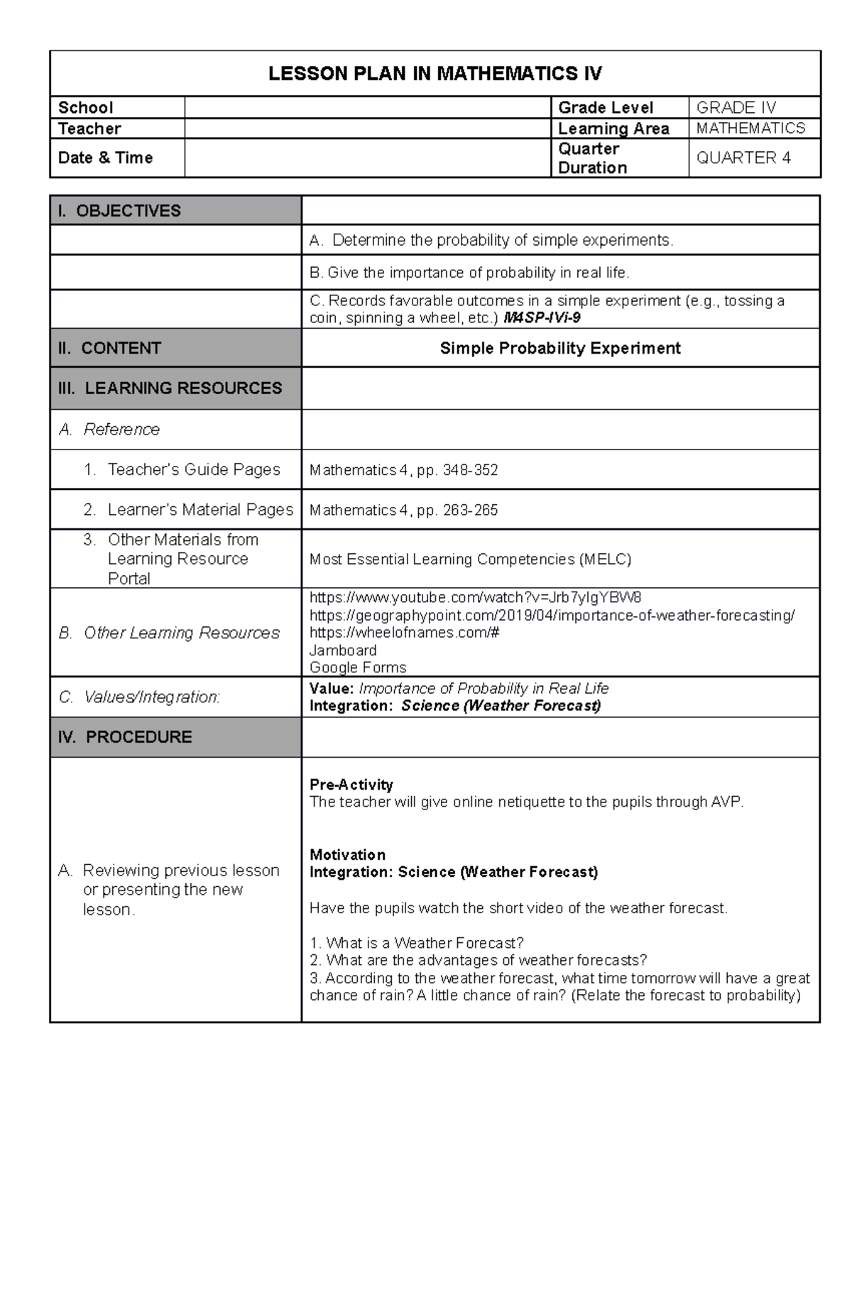 Lesson PLAN MATH 4 - Guide to teach probability in grade school ...