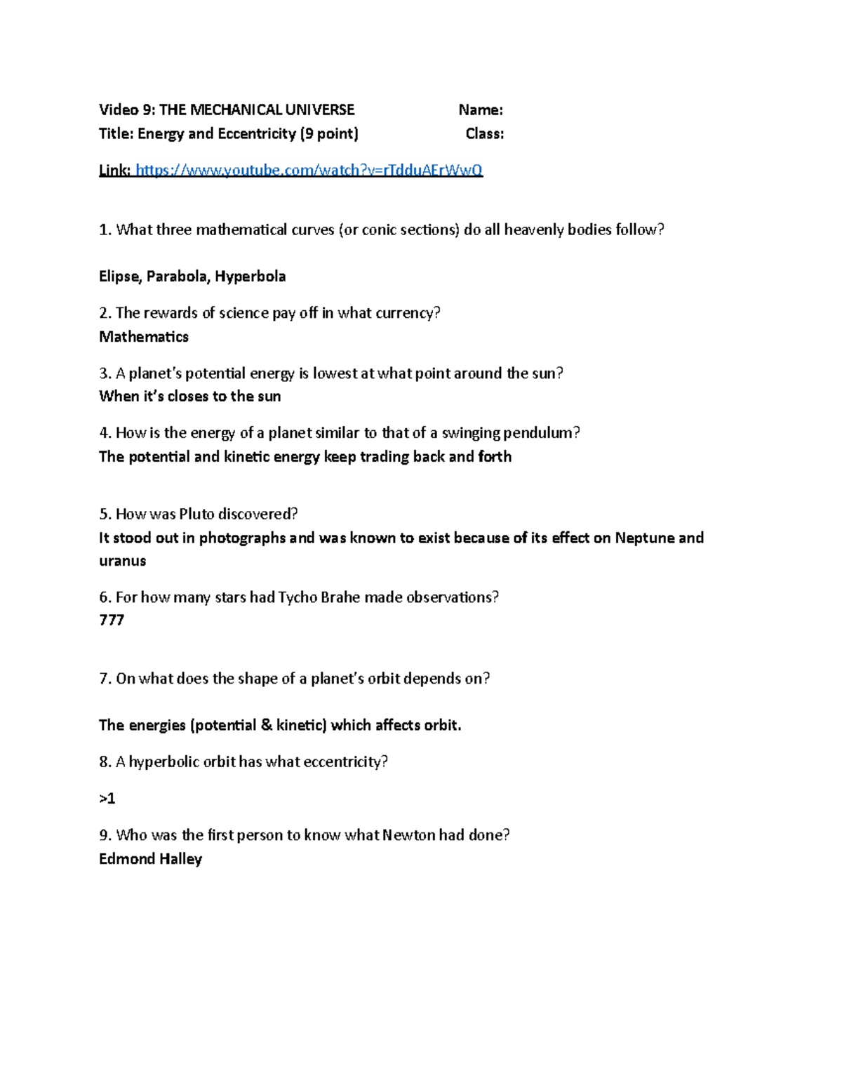 Worksheet 11 Phys - Video 9: THE MECHANICAL UNIVERSE Name: Title ...