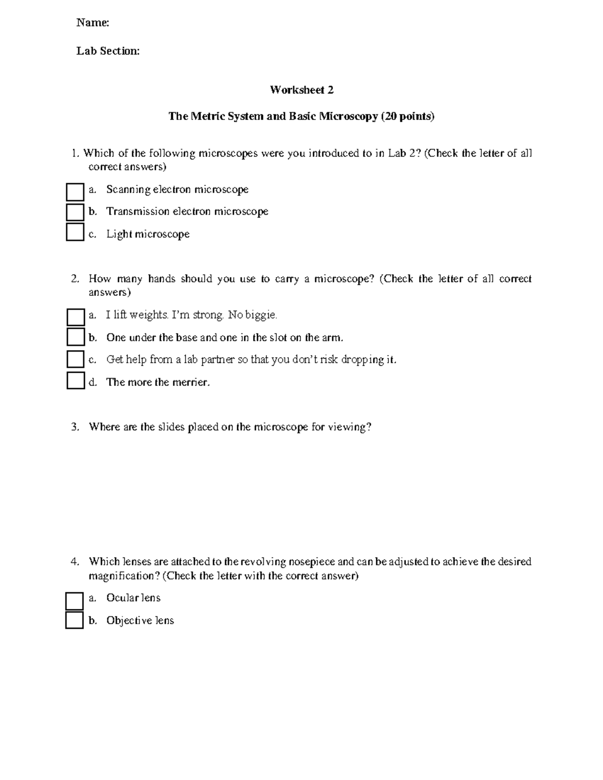 Lab Worksheet Exercise 2 - Worksheet 2 The Metric System and Basic ...