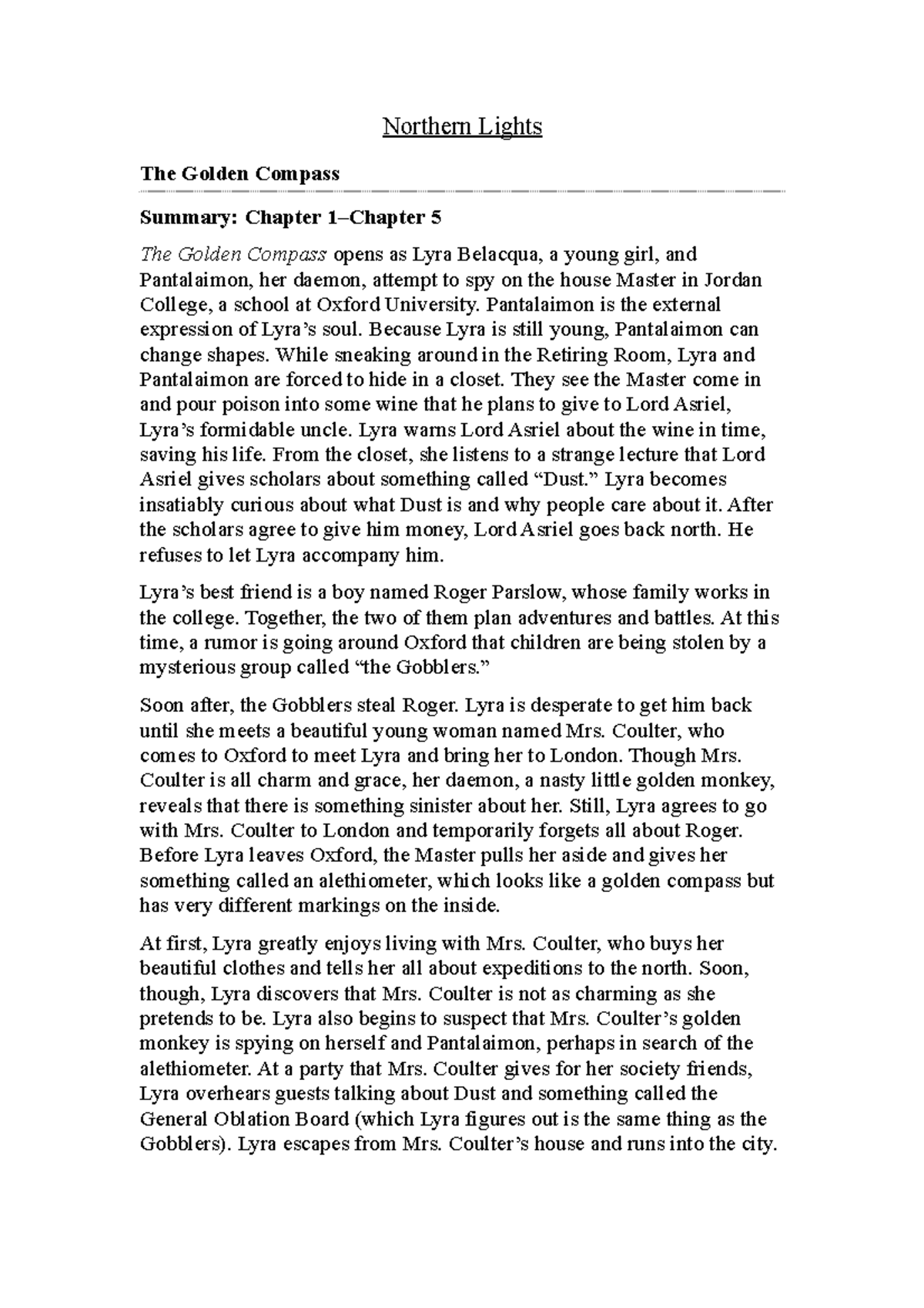 Northern Lights - Northern Lights The Golden Compass Summary: Chapter 1 ...