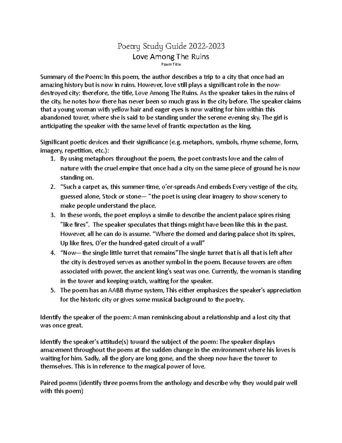 Love among the ruins - Poetry Study Guide 2022- Love Among The Ruins Poem Title Summary of the ...