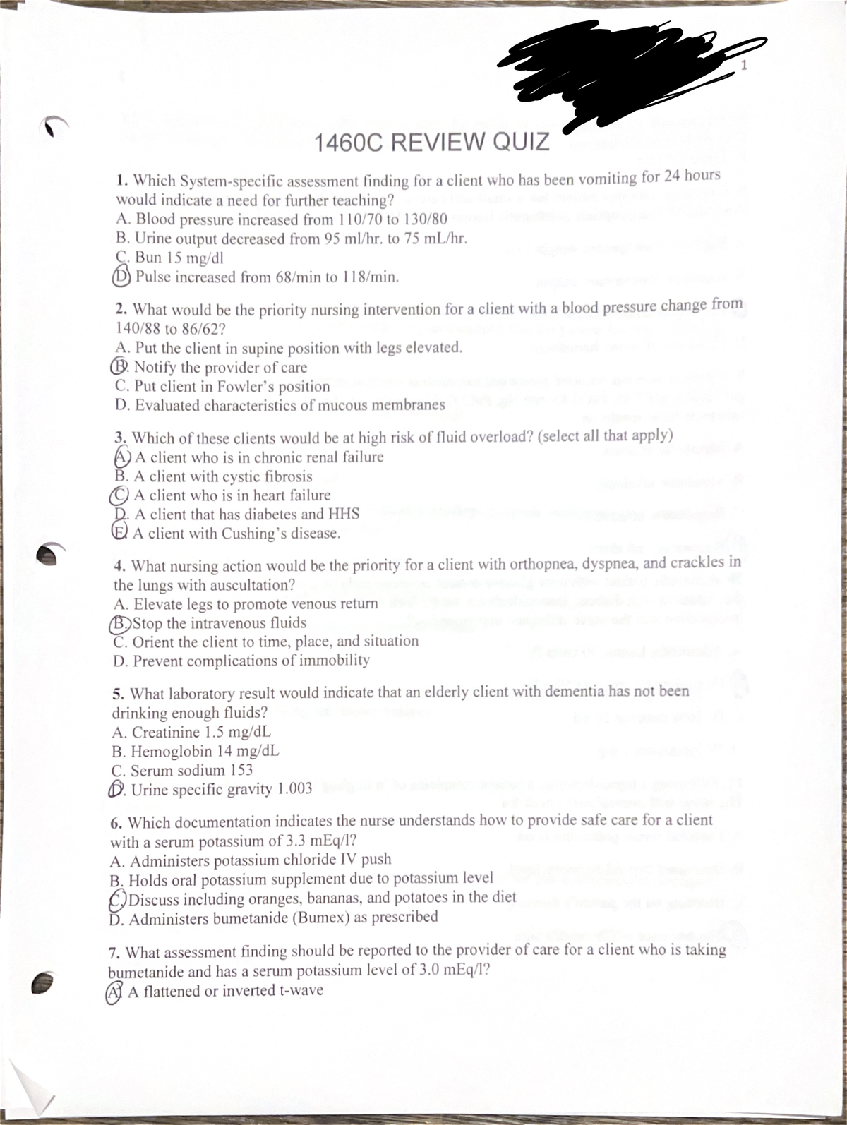 Class activity mod 5:6 - Practice questions - 1 1460C REVIEW QUIZ 1. Which assessment finding ...