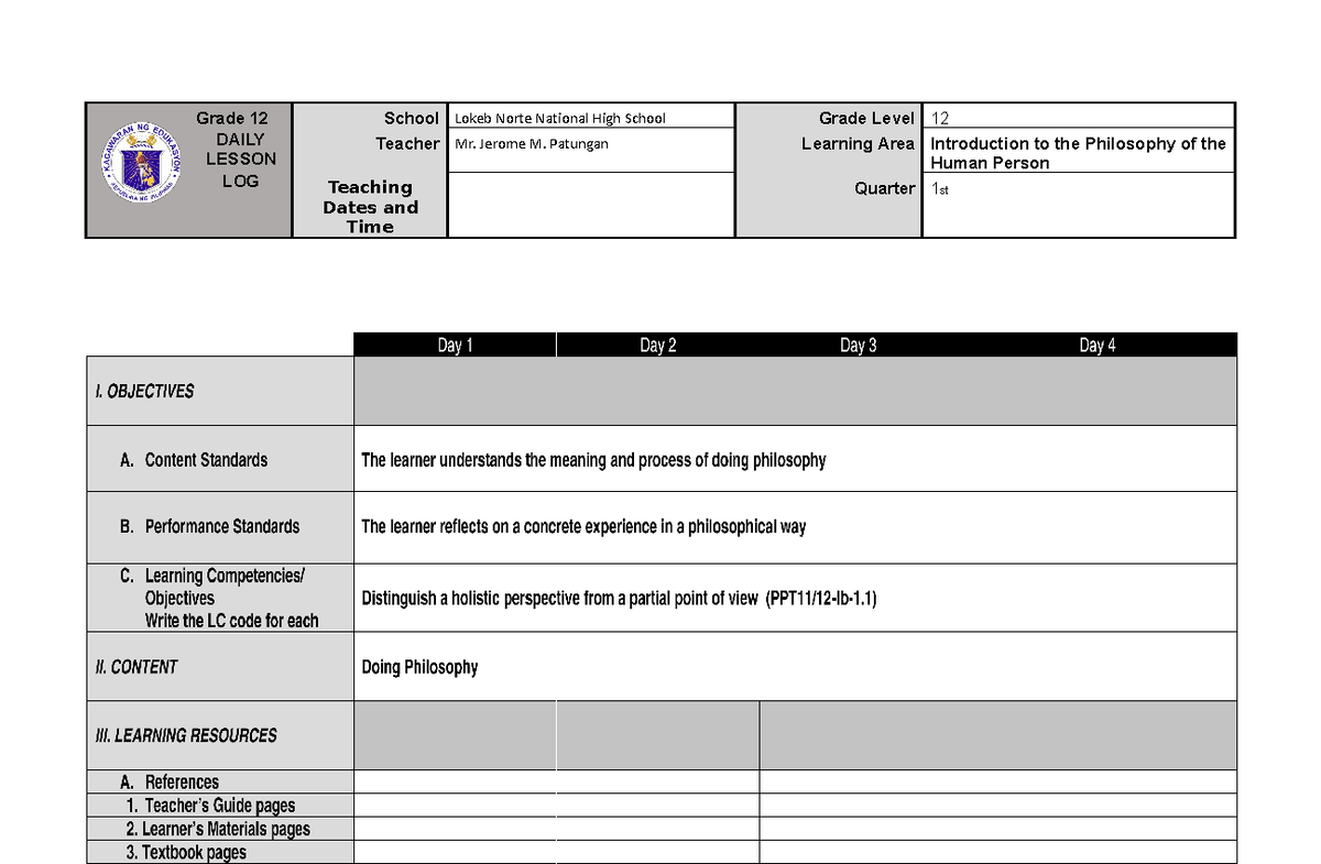 DLL Introduction to the Philosophy of the H - Grade 12 DAILY LESSON LOG ...