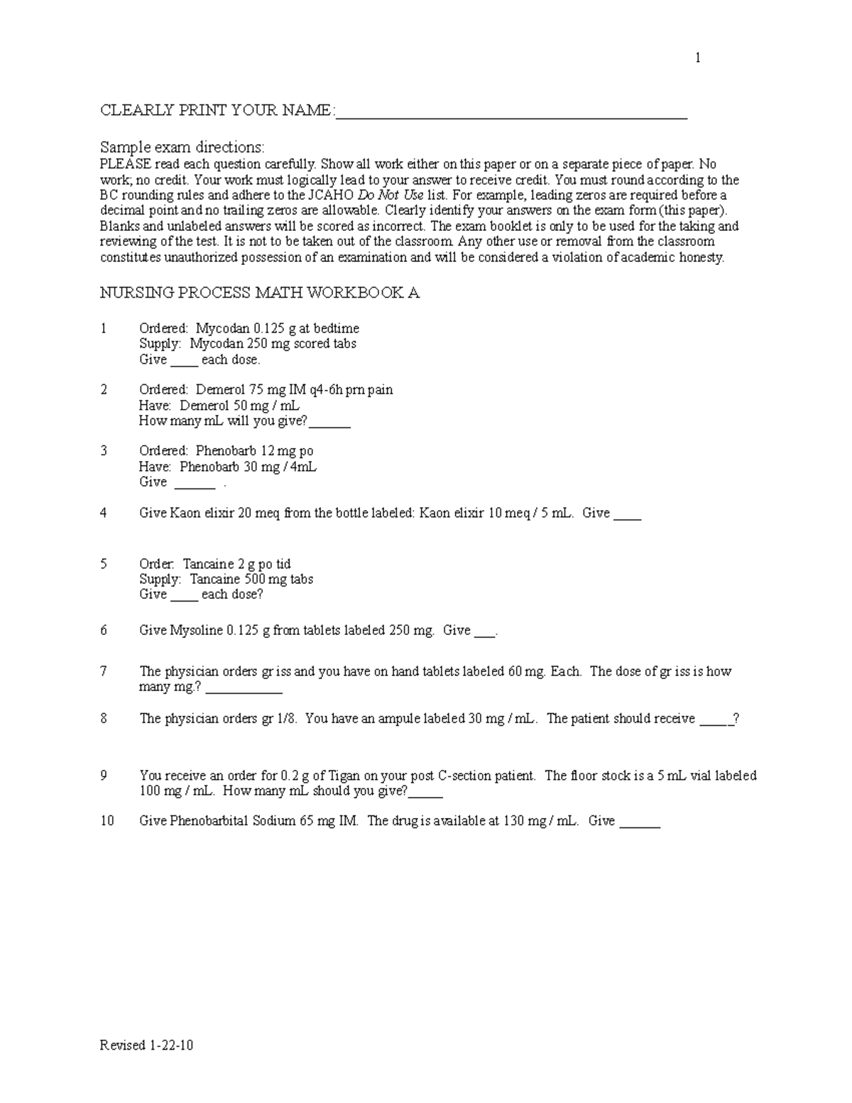 Math Practice Sheet for Nurses - CLEARLY PRINT YOUR NAME