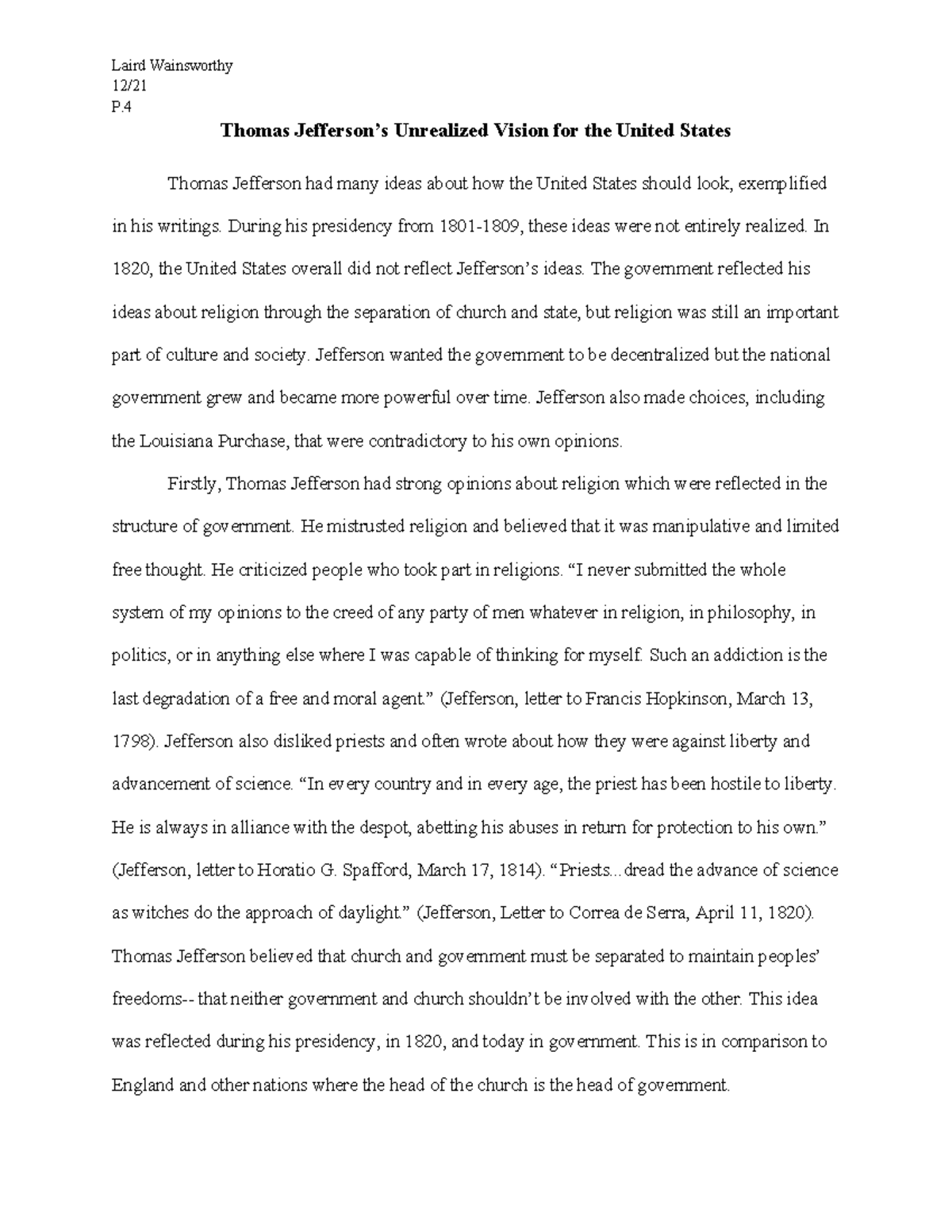 Laird Wainsworthy - Thomas Jefferson DBQ - Laird Wainsworthy 12/ P ...