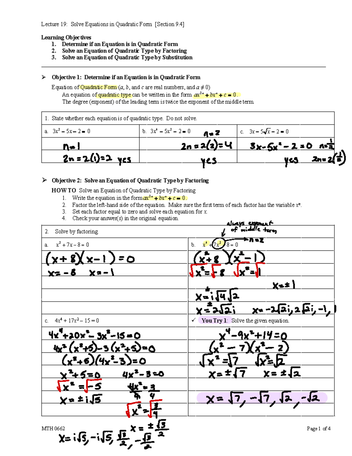 Lecture 19-Solve Equations in Quadratic Form 9 - MTH 0662 Page 1 of 4 ...