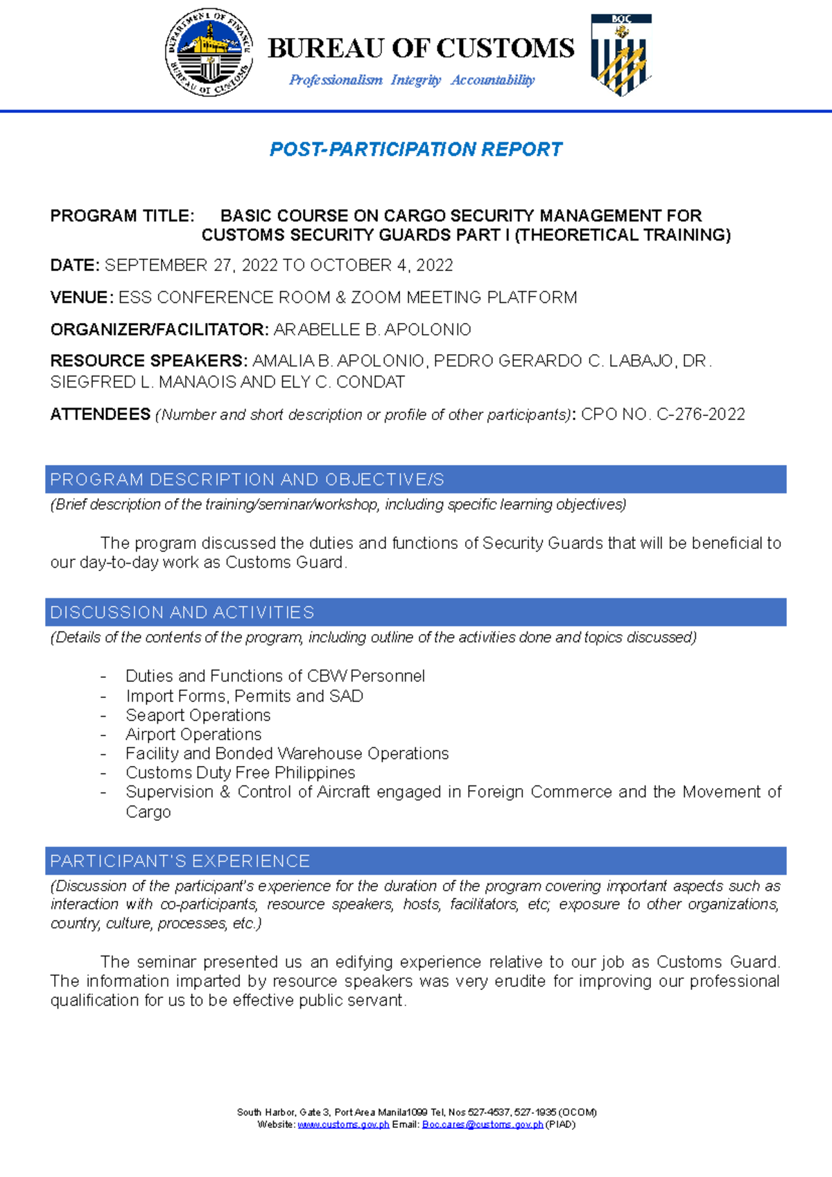 Post Participation Report Basic Course ON Cargo - BUREAU OF CUSTOMS ...