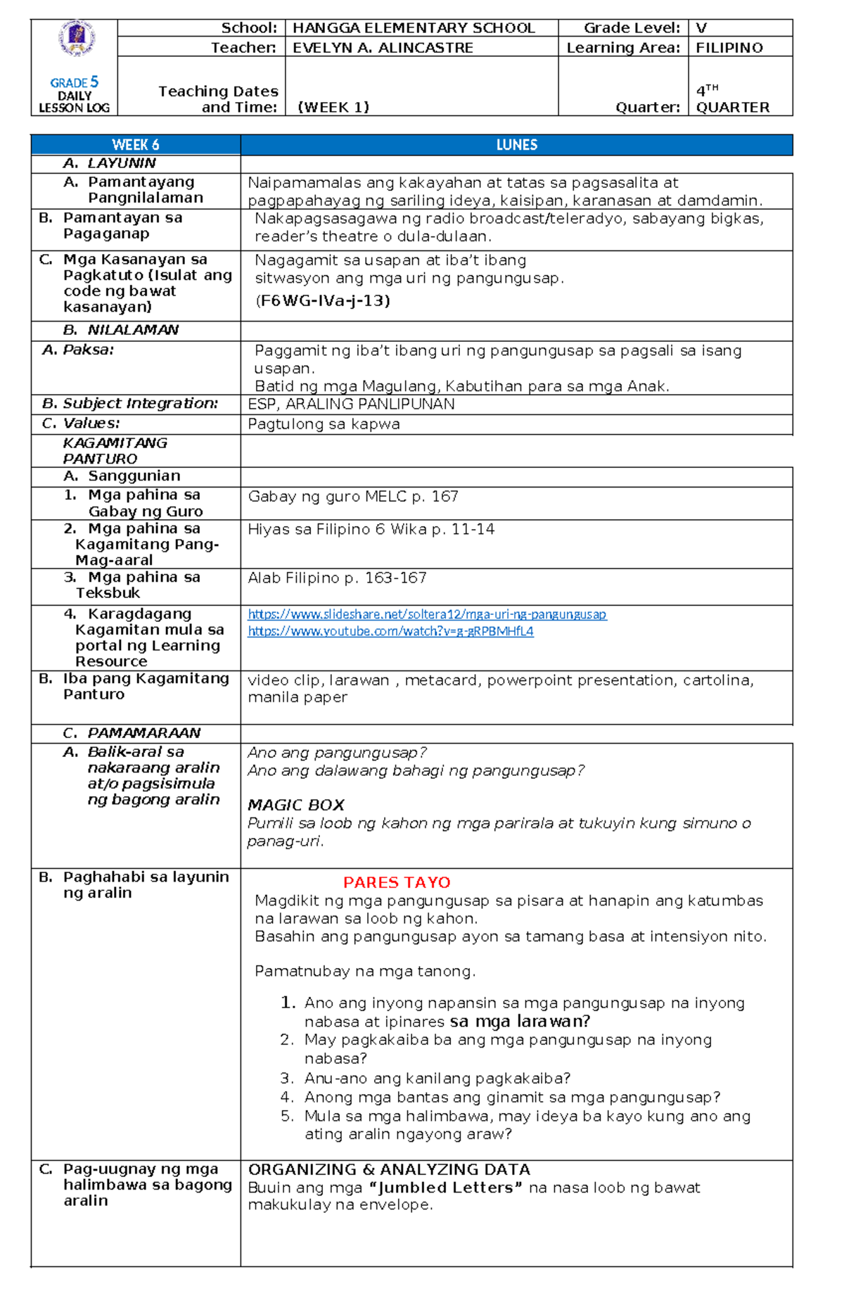 DLP Filipino DEMO Grade 6 Q4 - GRADE 5 DAILY LESSON LOG School: HANGGA ELEMENTARY SCHOOL Grade ...