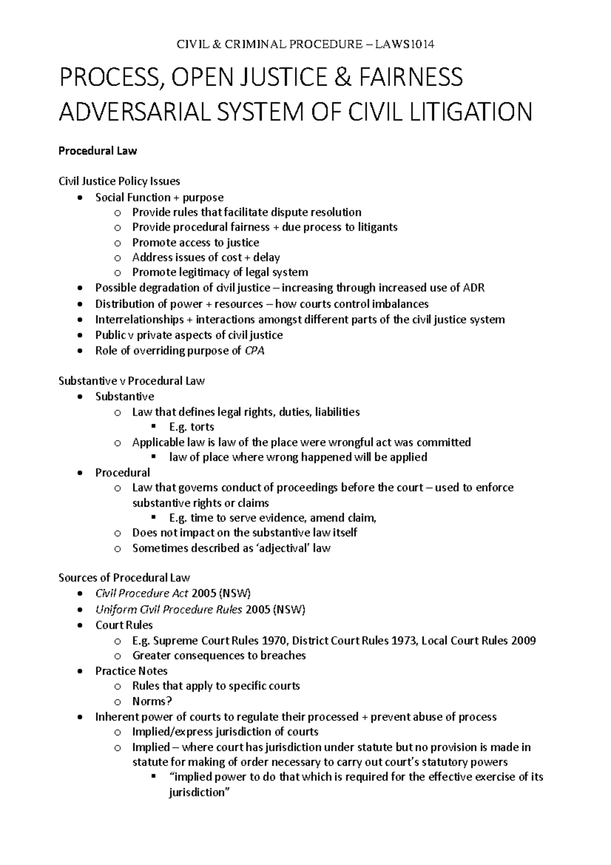 LAWS1014 - CCP - Civil - Comprehensive Lecture Notes - PROCESS, OPEN ...