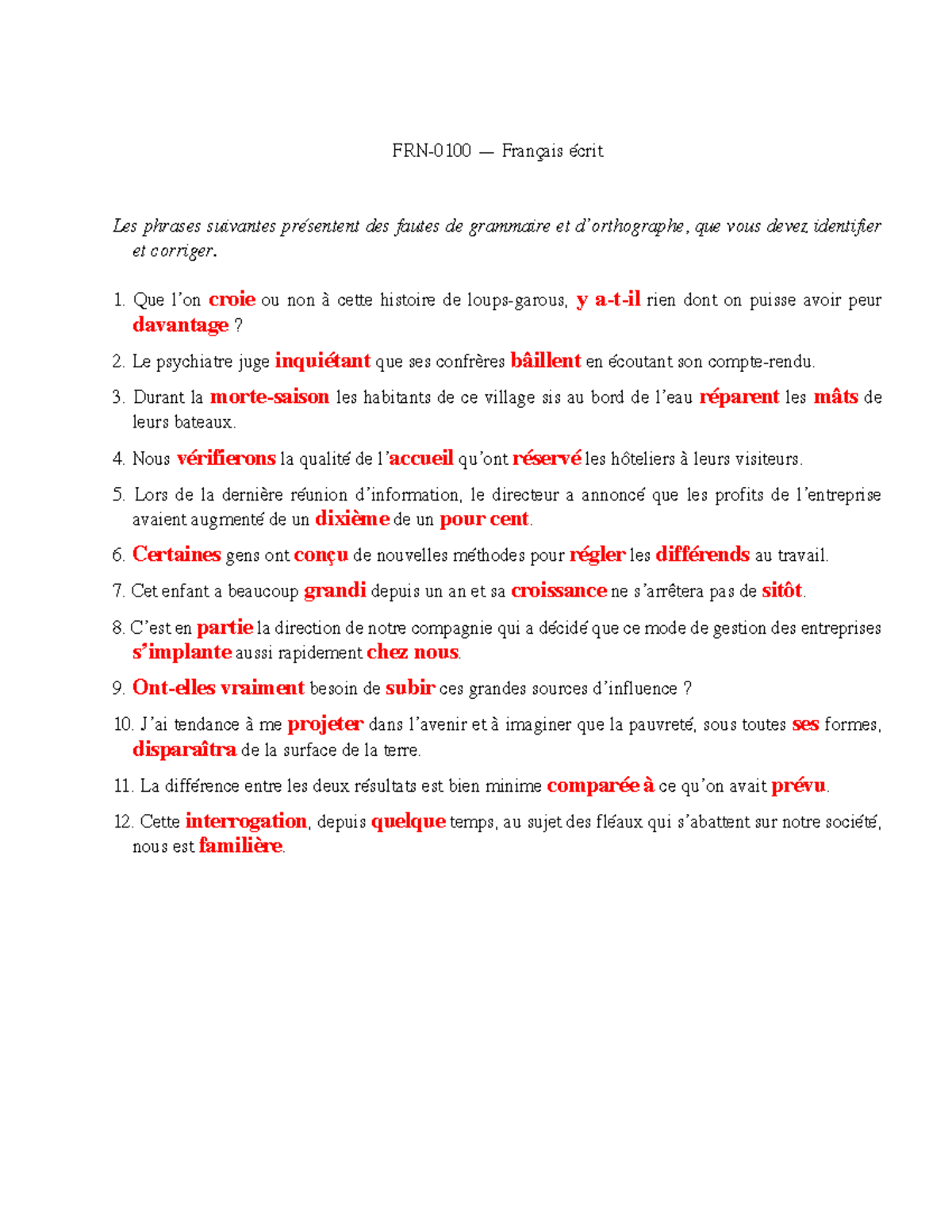 Corrigé de l'exercice formatif (fautes de grammaire et d'orthographe ...