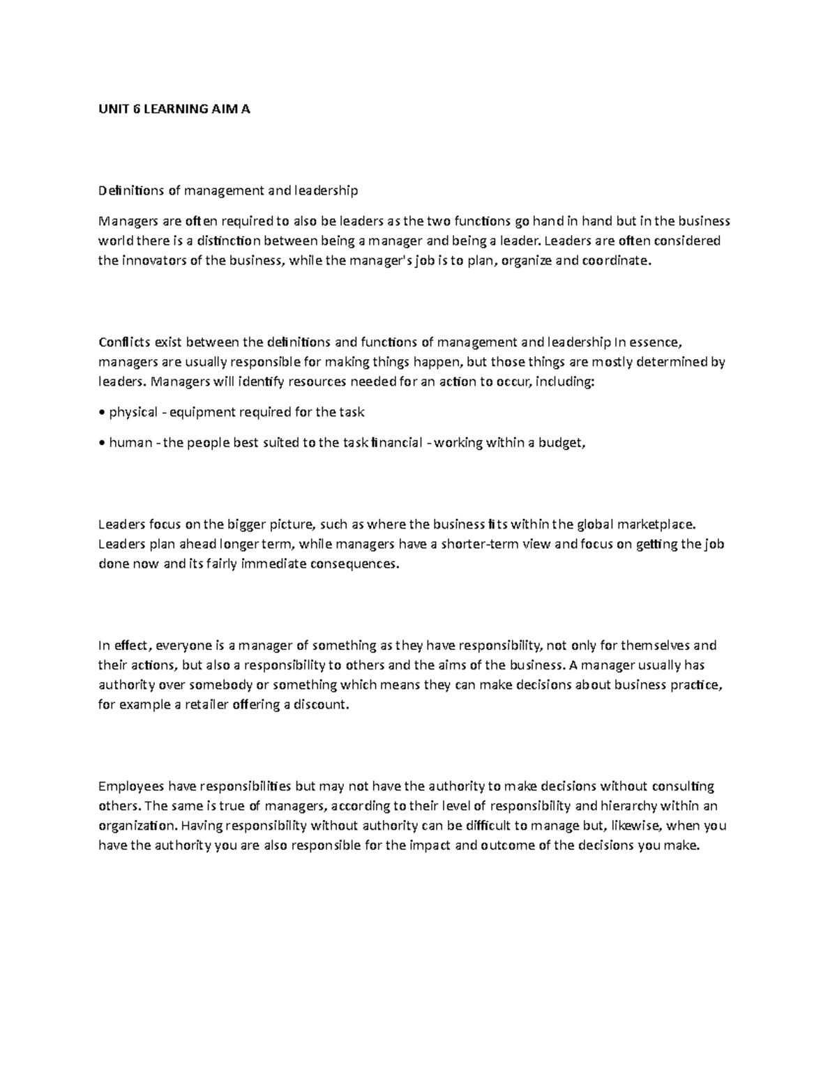 Pearson BTEC National Business Unit 6 Learning Aim A - UNIT 6 LEARNING ...