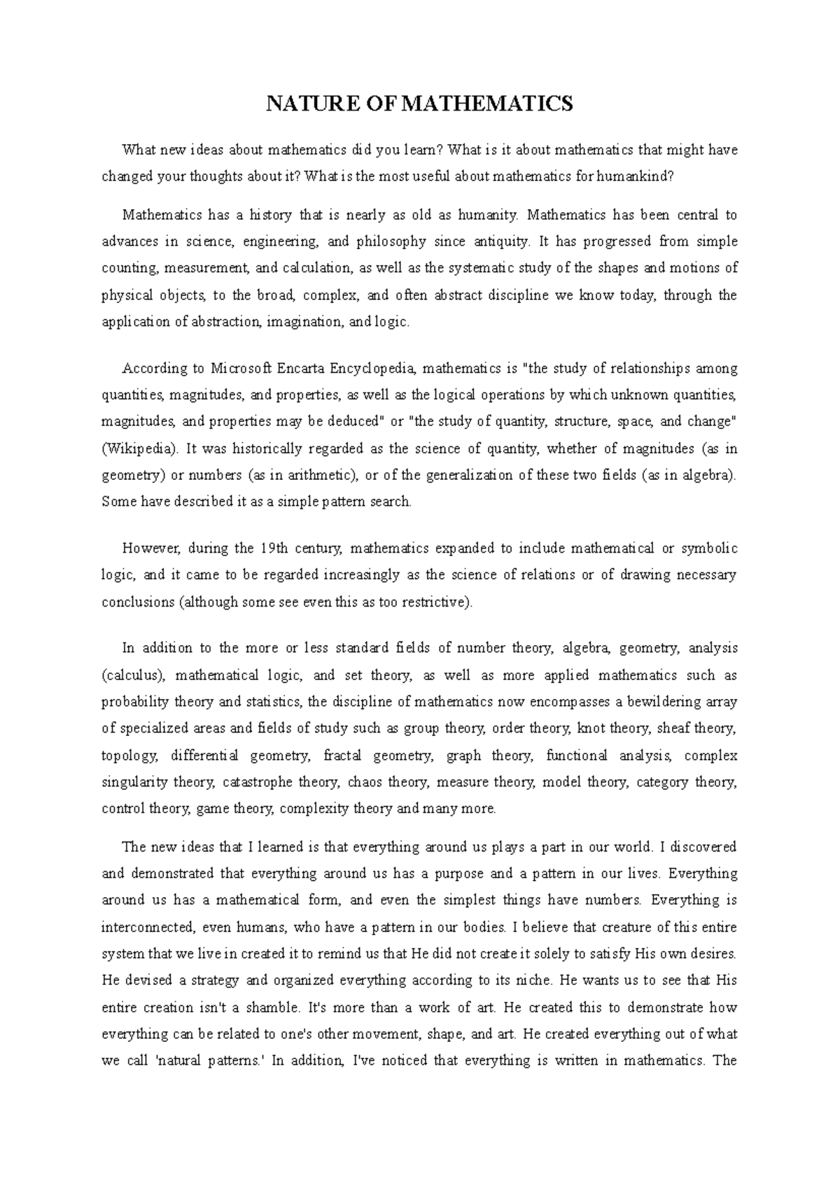 Nature Of Mathematics Reflection BS Civil Engineering LSPU Studocu