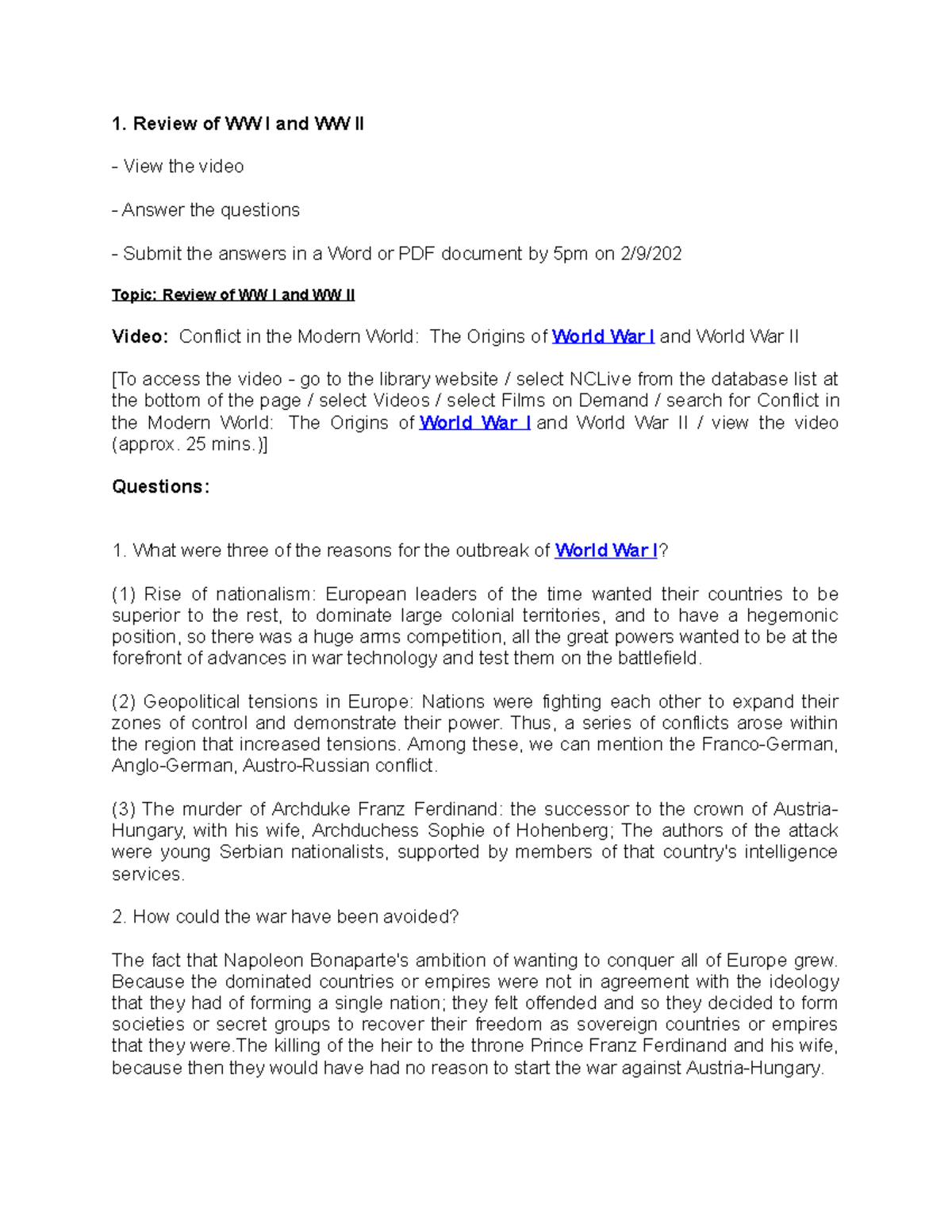 WW I and WW II - WW I and WW II - Review of WW I and WW II View the ...