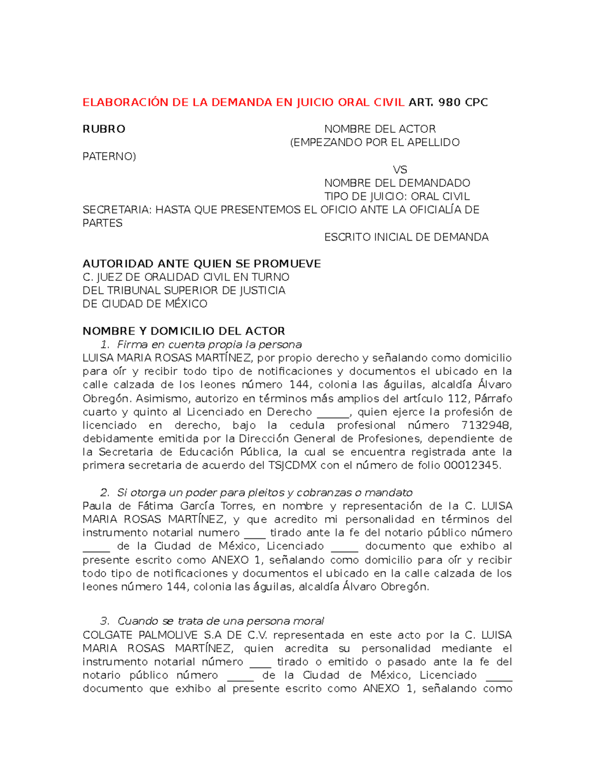 Elaboración DE LA Demanda EN Juicio ORAL Civil ART - ELABORACIÓN DE LA ...