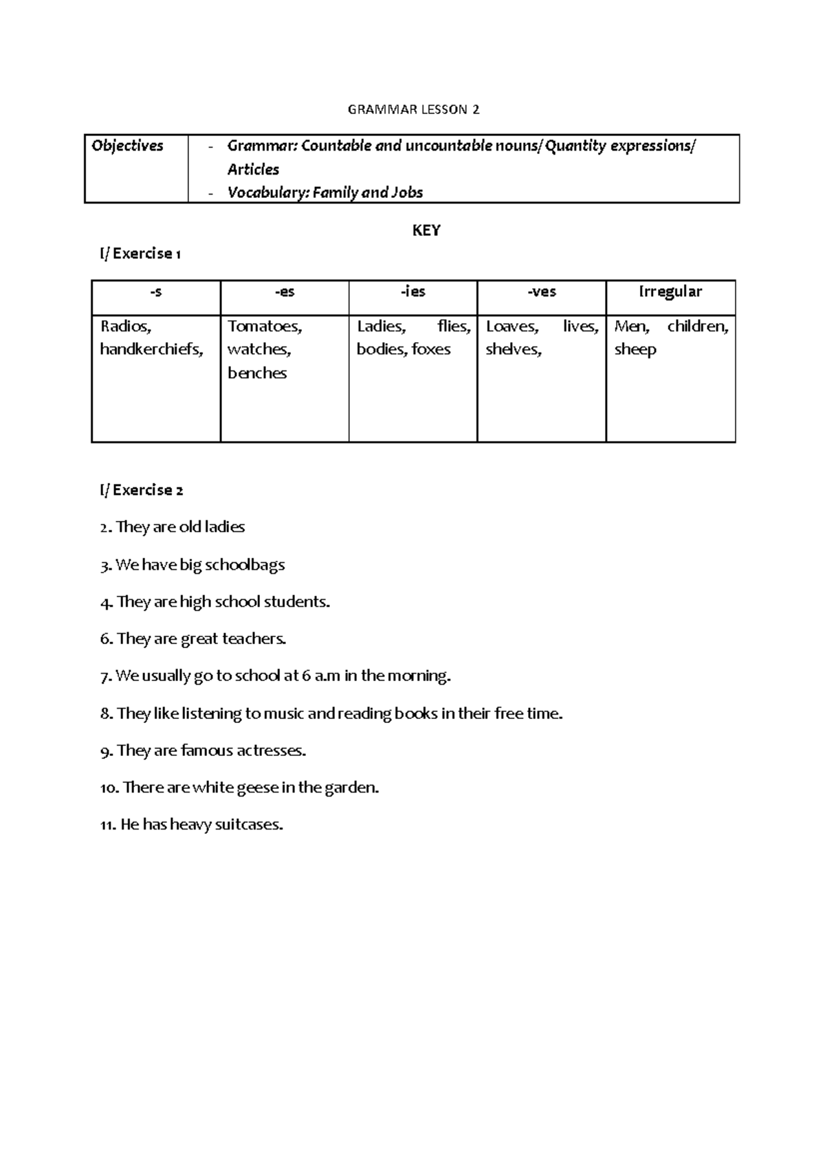 Starter lesson 2 - Key - ielts - GRAMMAR LESSON 2 Objectives - Grammar ...