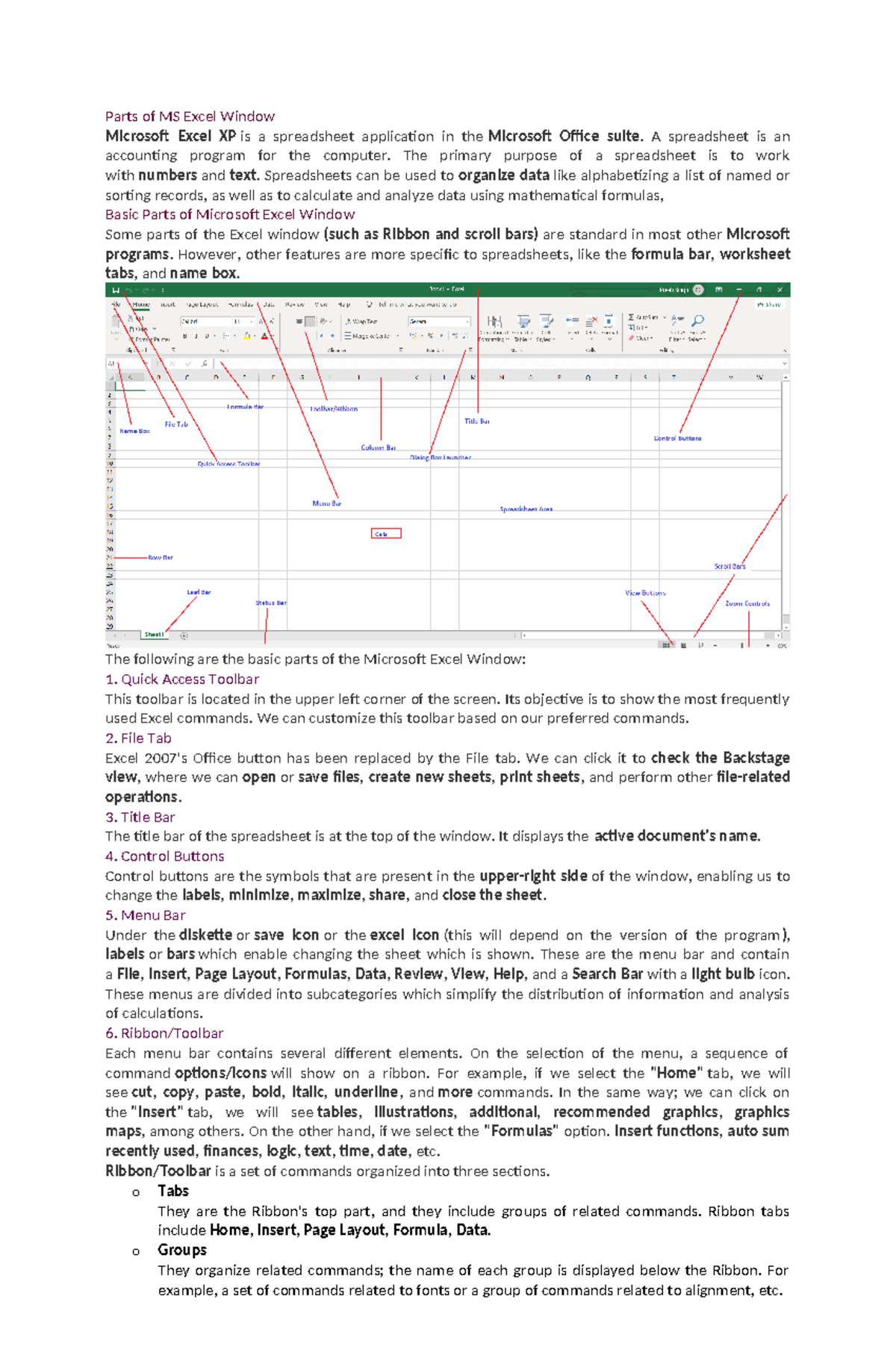 Parts of MS Excel Window 7 - Parts of MS Excel Window Microsoft Excel ...