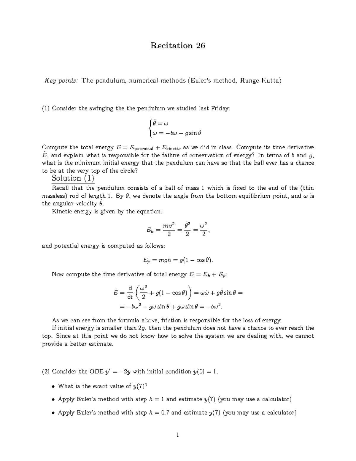 Solution Recitation 26 - Recitation 26 Key points: The pendulum ...