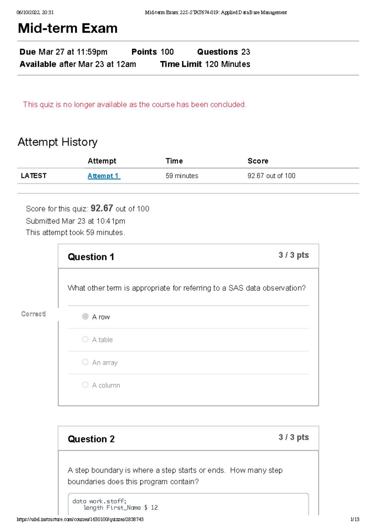 Mid-term Exam SAS - Mid - Term Exam - Mid-term Exam Due Mar 27 at 11 ...
