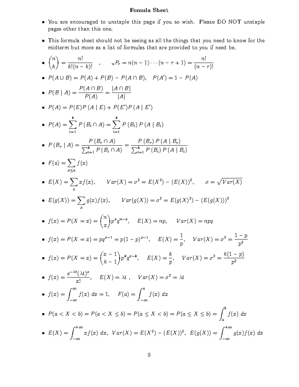Formula Sheet Provided on Midterm - Fomula Sheet You are encouraged to unstaple this page if you ...