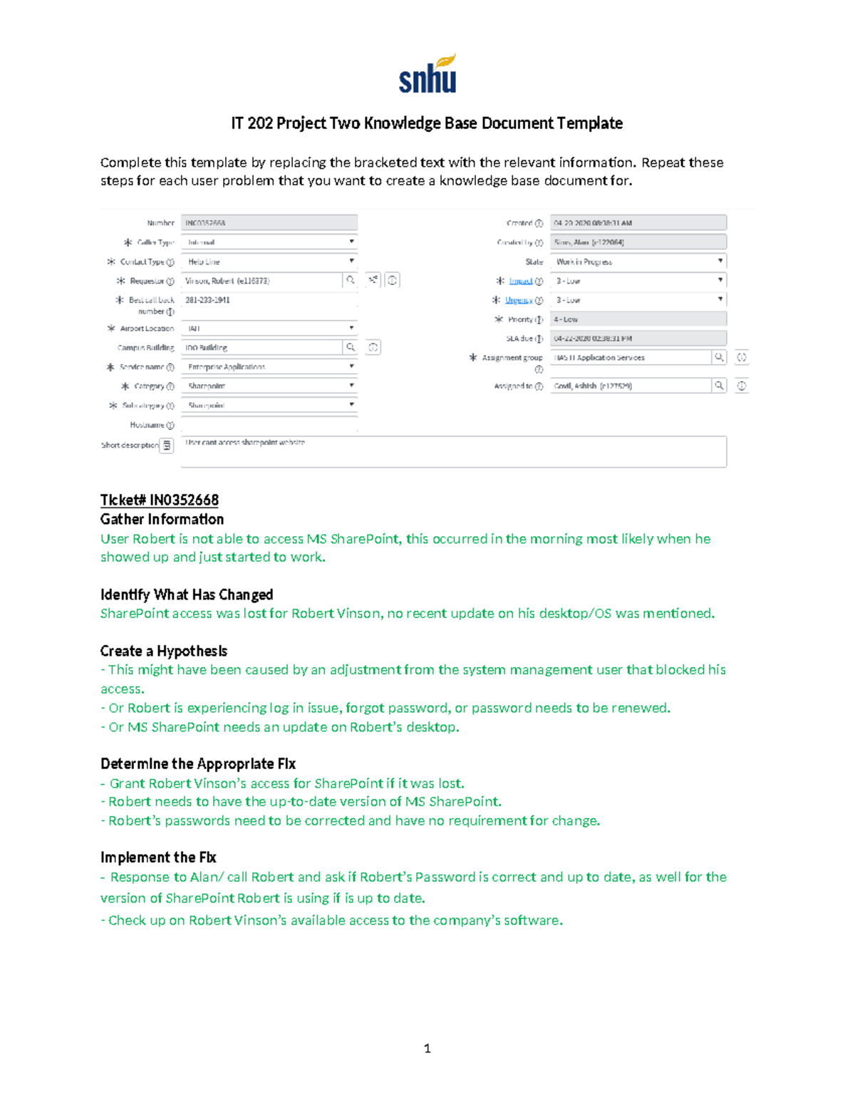 IT 202 Project Two Knowledge Base Document Template 5-3 - IT 202 ...