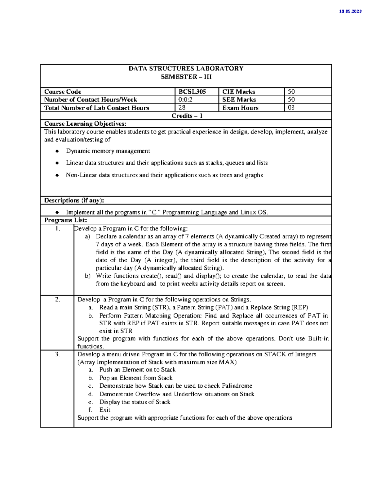 BCSL305 DSA LAB Syllabus - DATA STRUCTURES LABORATORY SEMESTER – III Course Code BCSL305 CIE ...