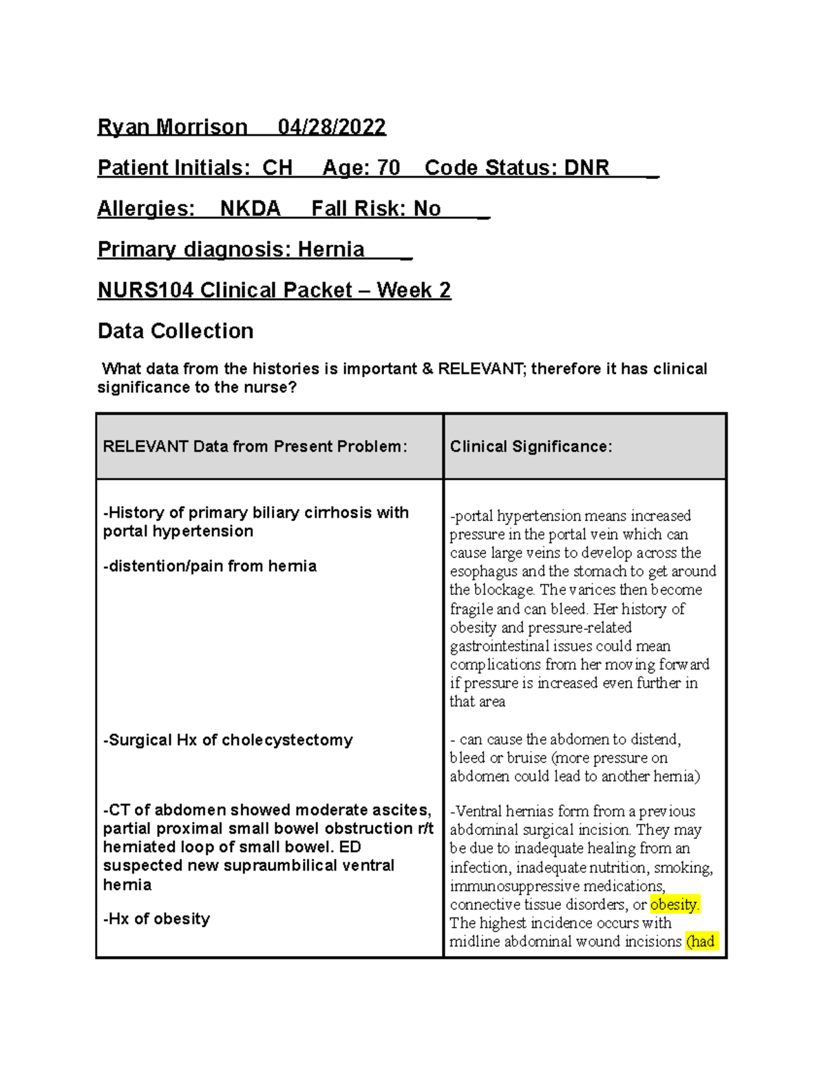 NURS105 Clinical Packet Week 2 - Ryan Morrison 04/28/ Patient Initials ...