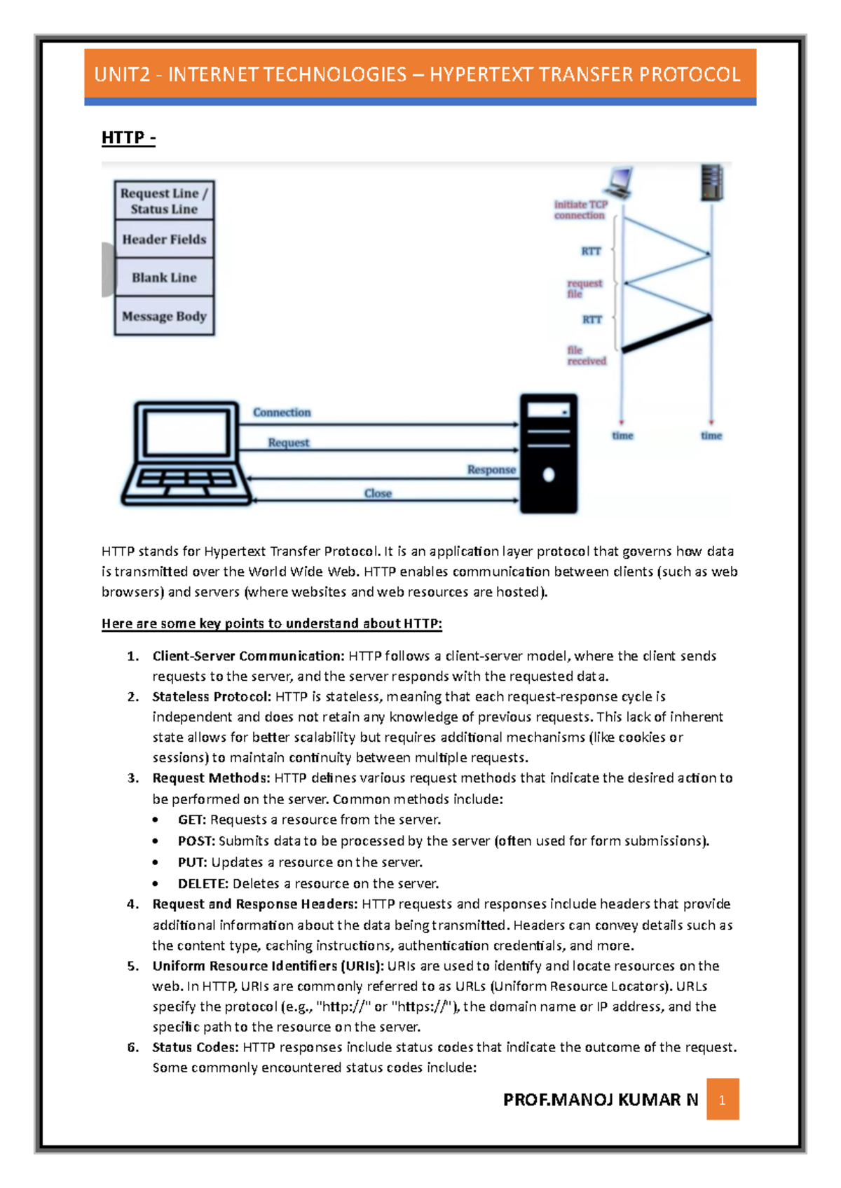 Internet Technologies Unit 2 - HTTP - HTTP stands for Hypertext Transfer Protocol. It is an ...