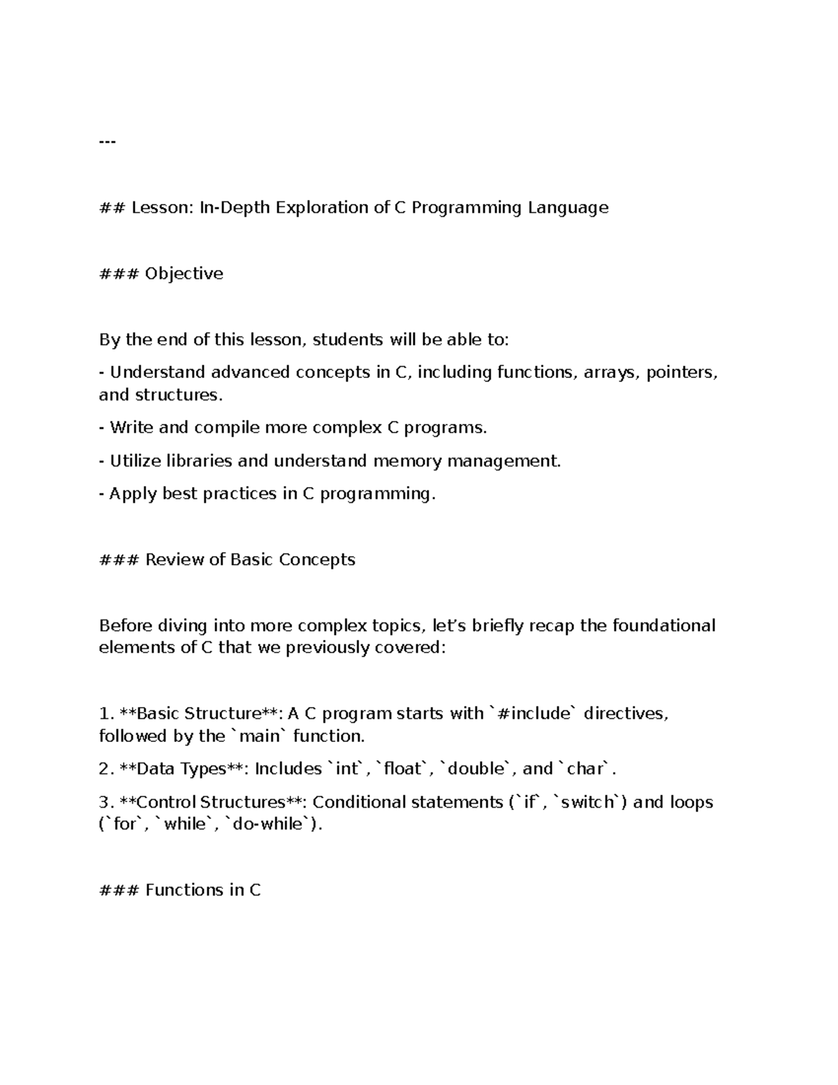 Lesson 10 - programming 9 - Lesson: In-Depth Exploration of C Programming Language Objective By ...