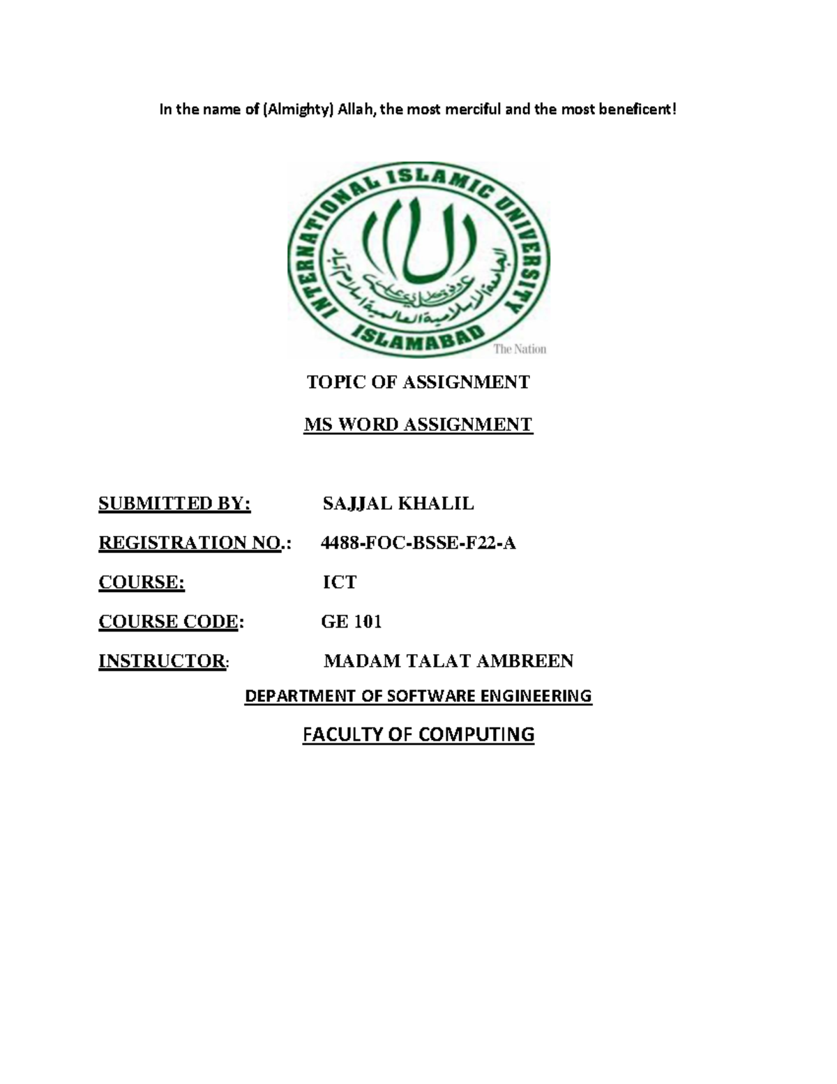 MS word assignment ICT1 - In the name of (Almighty) Allah, the most ...