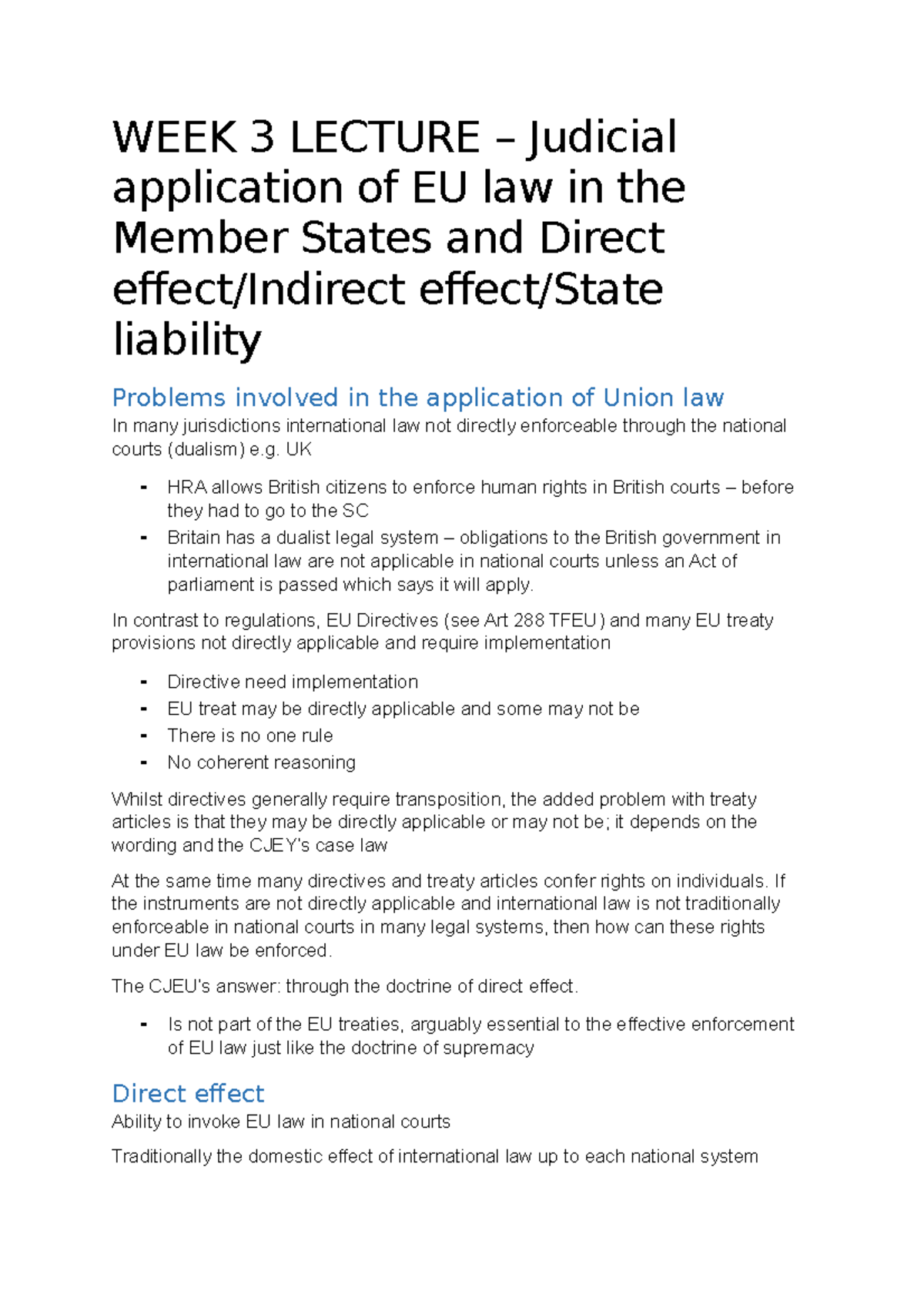 Week 3 Lecture Direct Effect Week 3 Lecture Judicial Application Of Eu Law In The Member