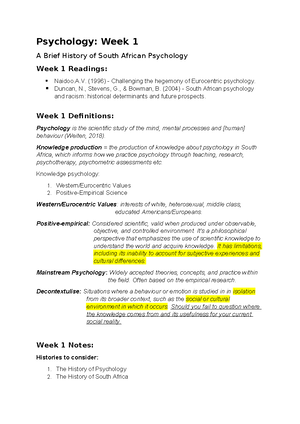 Week 1-2 History of Psychology in SA - W1L1 - A brief history of ...
