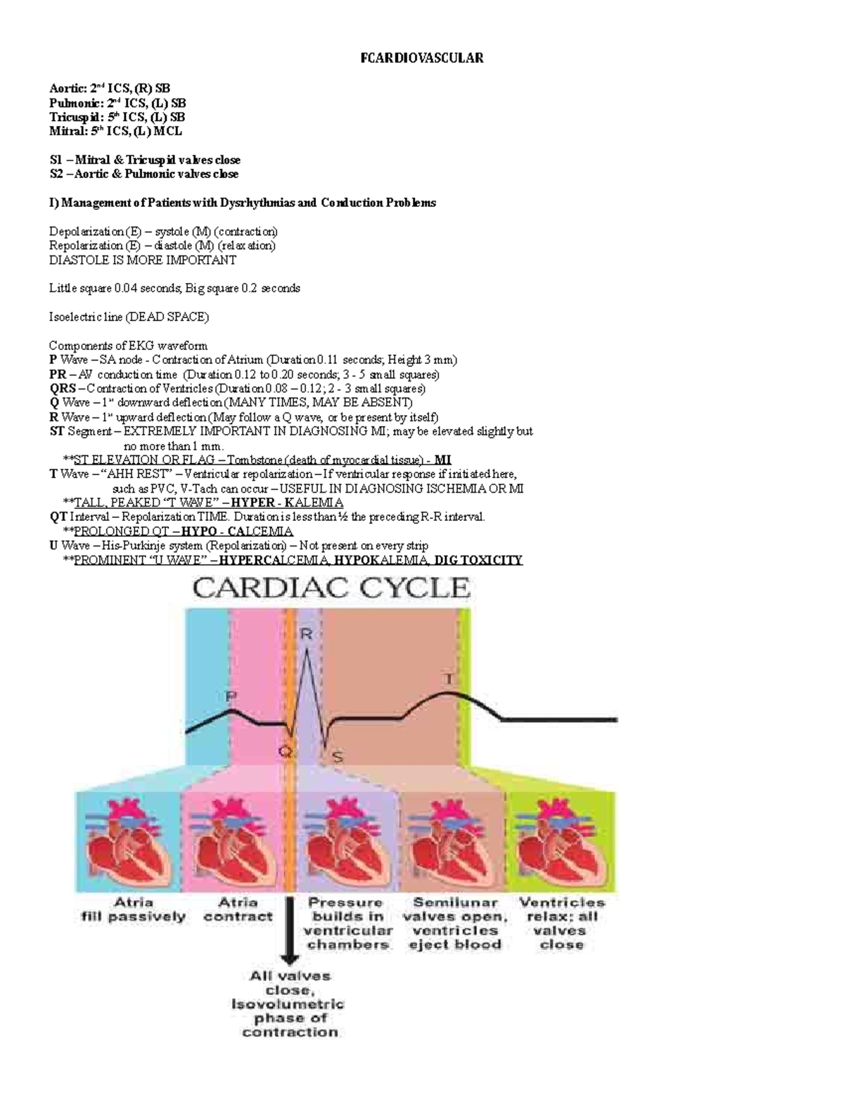 Cardio - notes - FCARDIOVASCULAR Aortic: 2nd ICS, (R) SB Pulmonic: 2nd ...