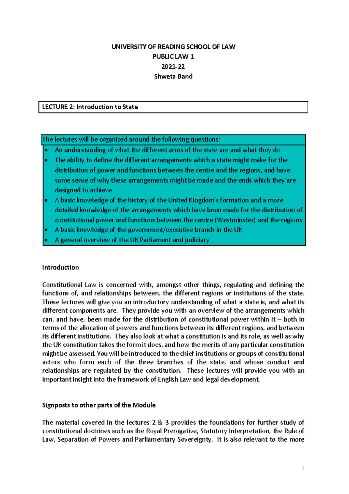 Lecture 2 Handout- State & Executive - UNIVERSITY OF READING SCHOOL OF LAW PUBLIC LAW 1 2021 ...