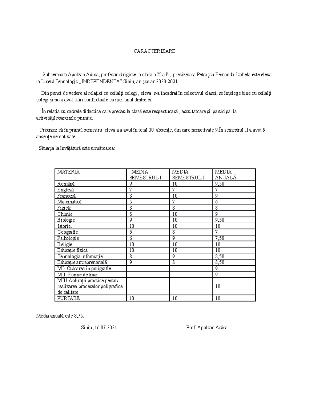Caracterizare Petrascu 2020-2021 1 - CARACTERIZARE Subsemnata Apolzan ...