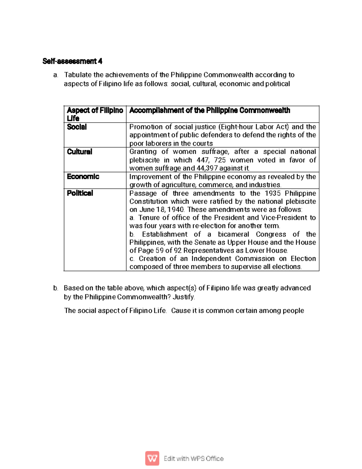 SELF Assessment TASK 4 History - Self-assessment 4 a. Tabulate the achievements of the ...