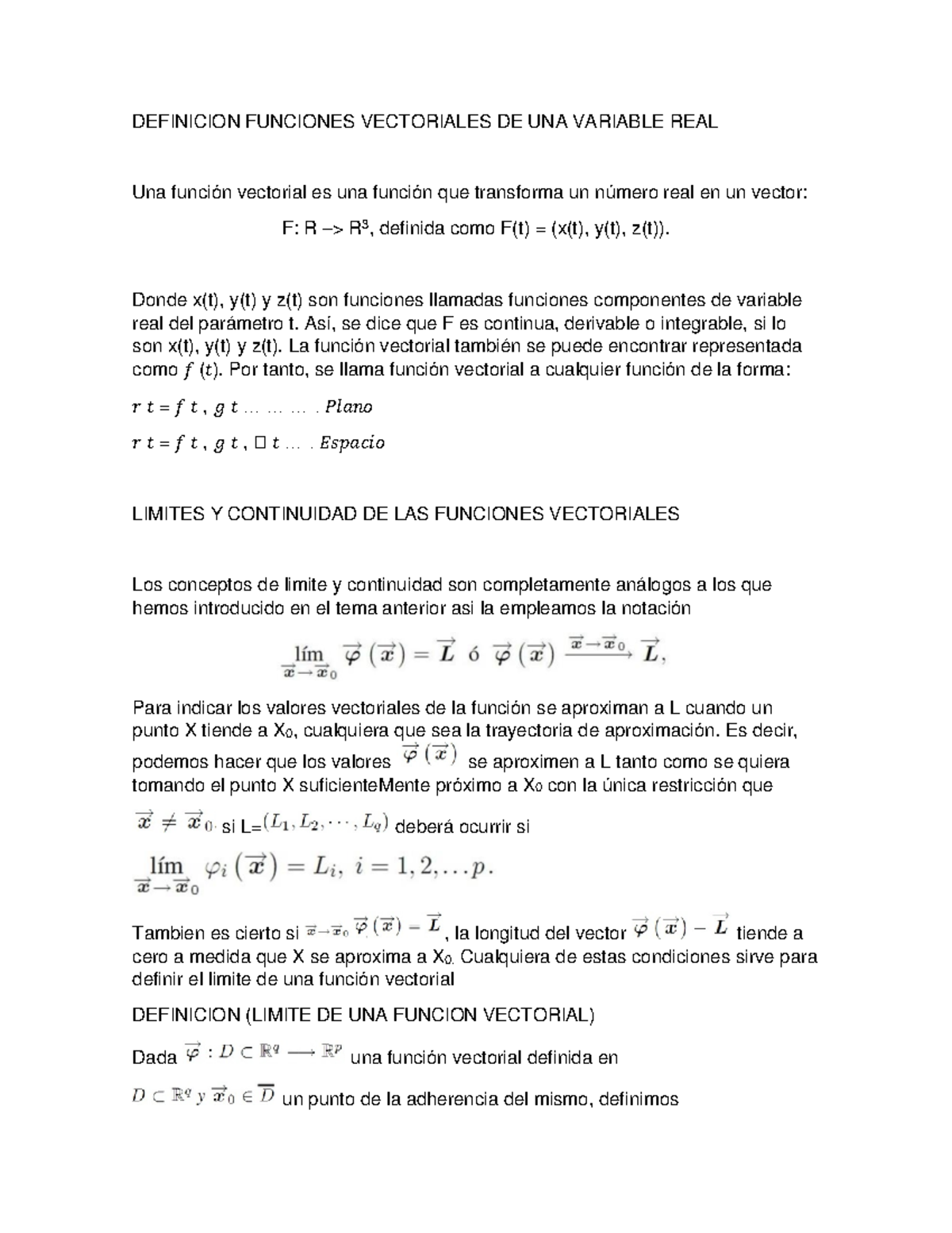 Calculo VECTORIAL APUNTES - DEFINICION FUNCIONES VECTORIALES DE UNA ...