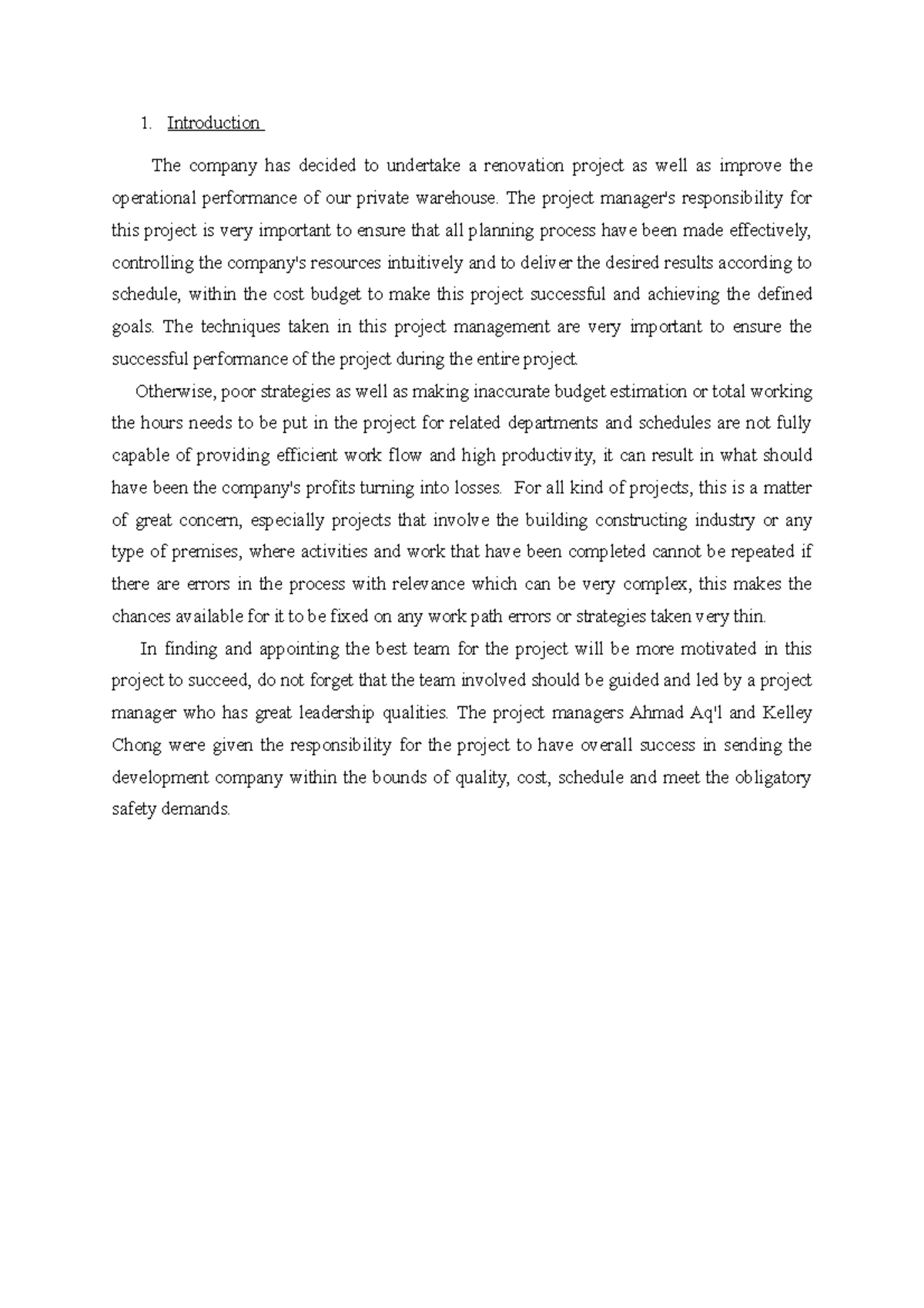 Project Managment in Creating a Warehouse Assignment - Introduction The ...