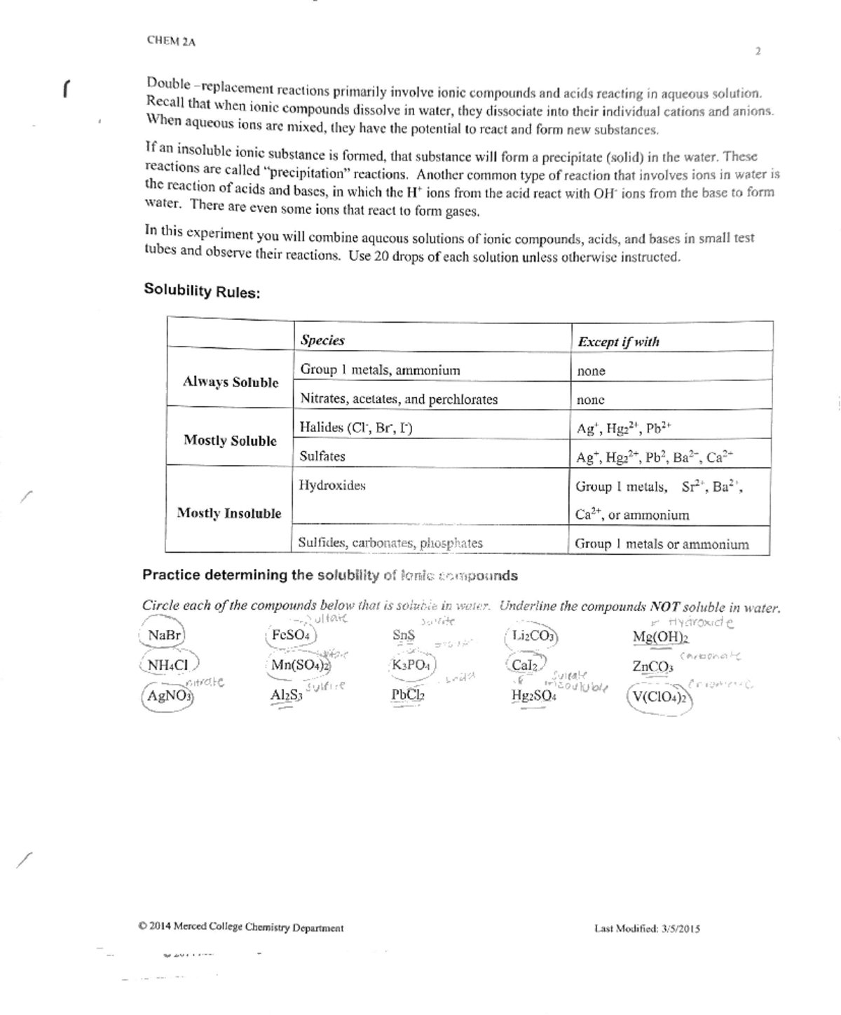 Chem lab 10 - Double Replacement Lab - CHEM 2A 2 Double reactions ...