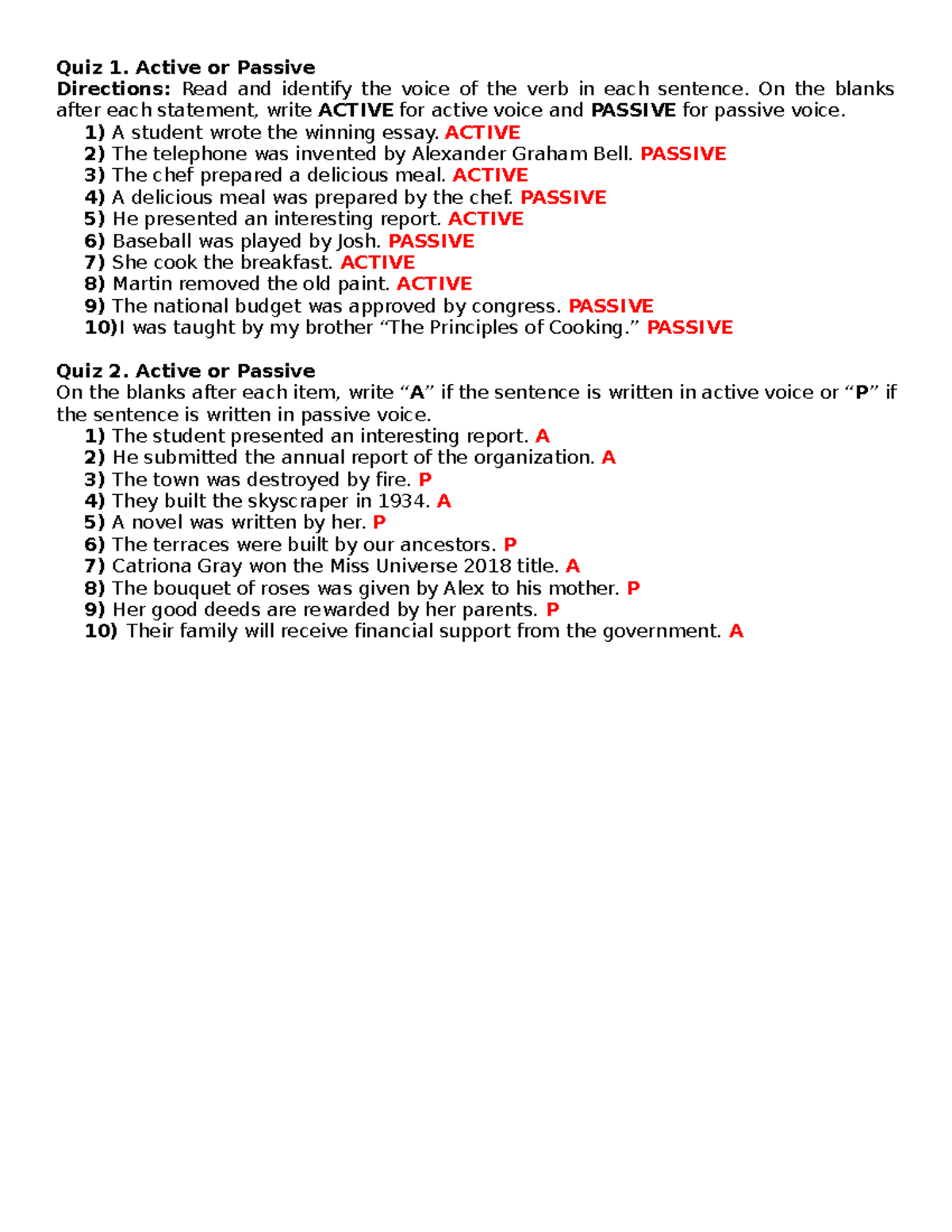 Active or Passive Quiz - quiz - Quiz 1. Active or Passive Directions ...