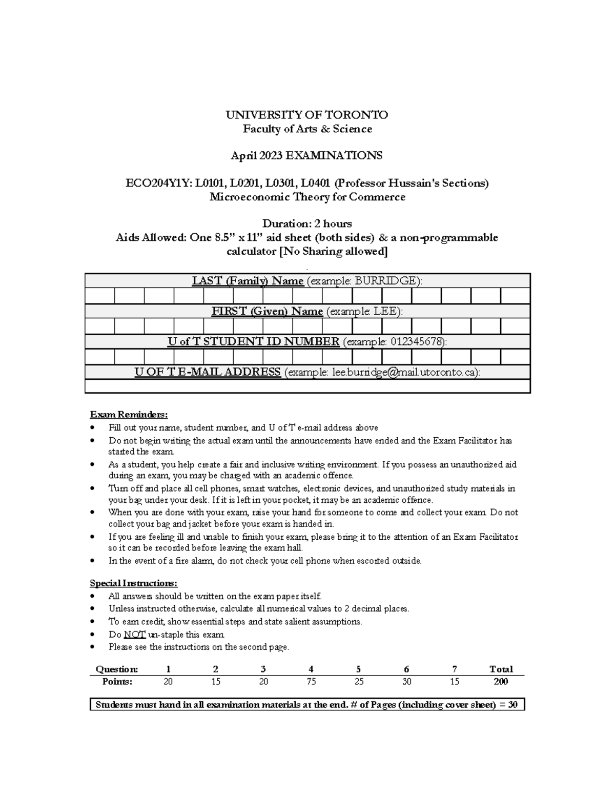 ECO204 2022 2023 Final Exam - UNIVERSITY OF TORONTO Faculty of Arts ...