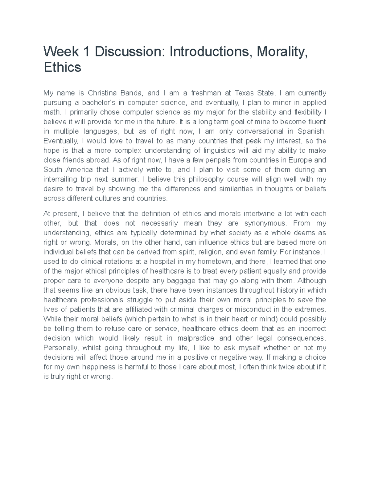 Week 1 Discussion Introductions, Morality, Ethics - I am currently ...