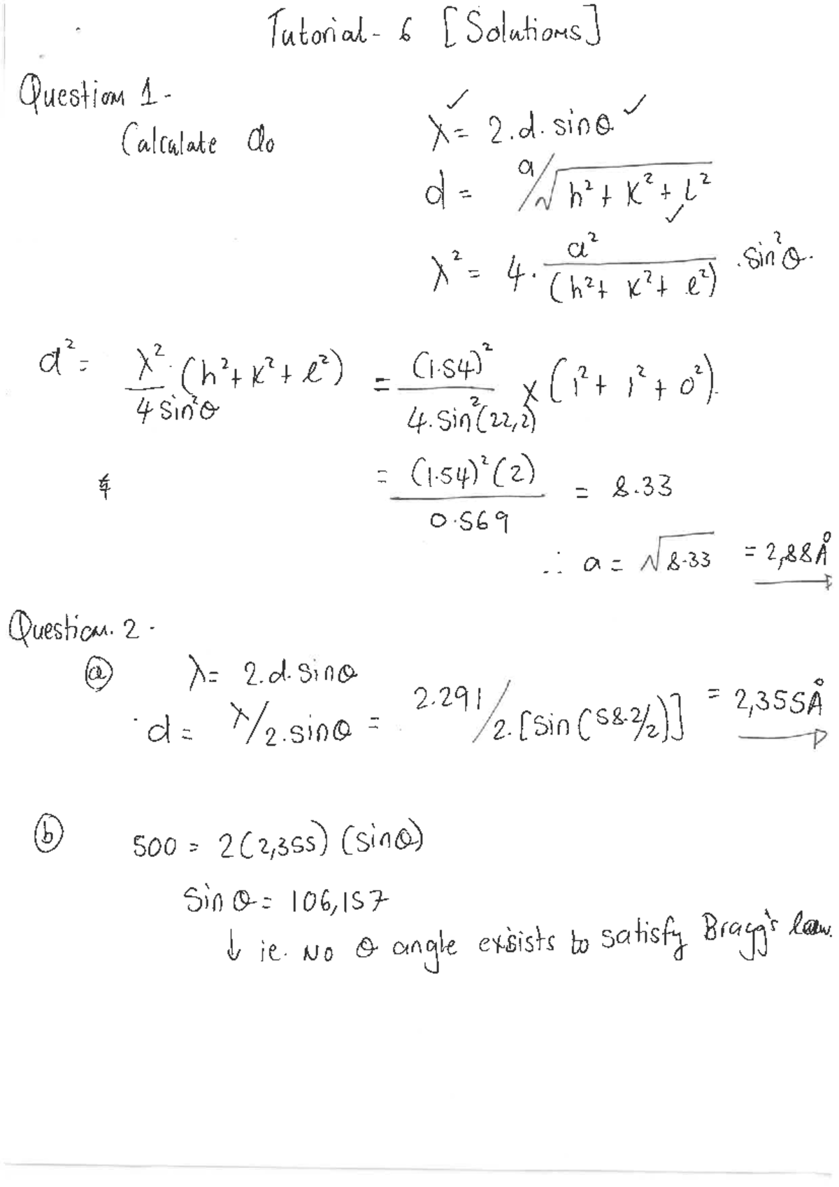 Tutorial 6 answers Part A - 6 Solutions Question Calculate do sino d 4 ...