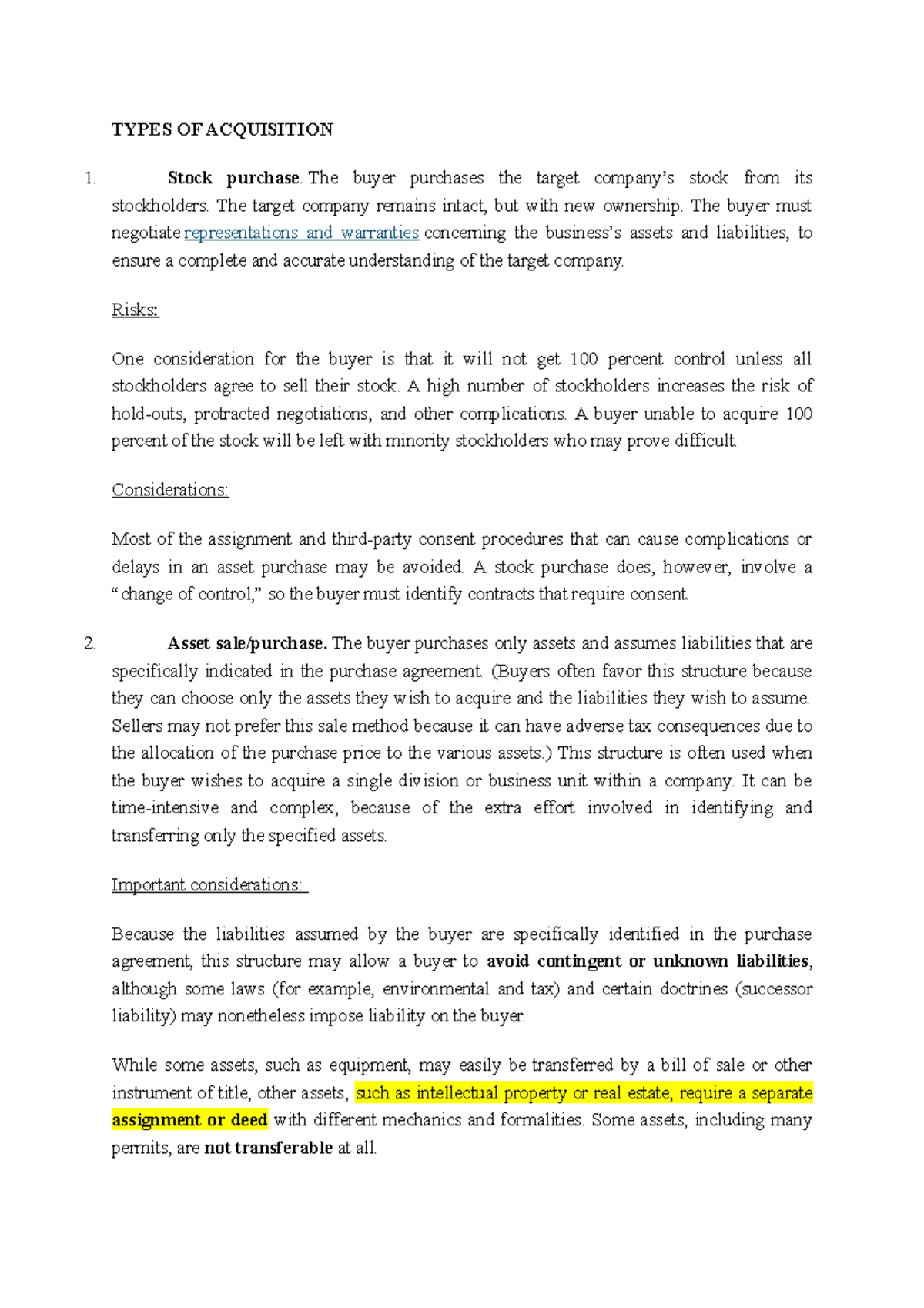 Types of Deal Structures - TYPES OF ACQUISITION Stock purchase. The ...