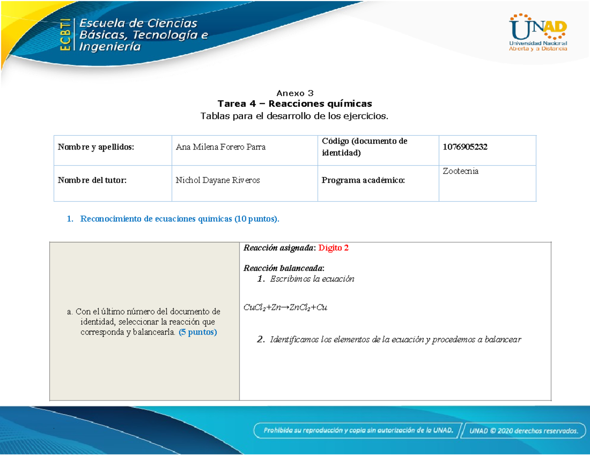 Anexo 3 Reacciones Químicas Ana Milena Forero - Anexo 3 Tarea 4 – Reacciones químicas Tablas ...